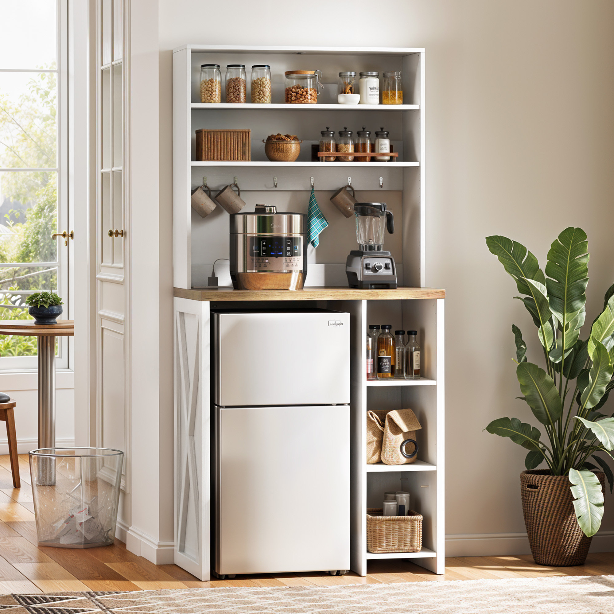 Gracie Oaks Bakers Rack Mini Fridge Cabinet Stand With Power Outlet ...