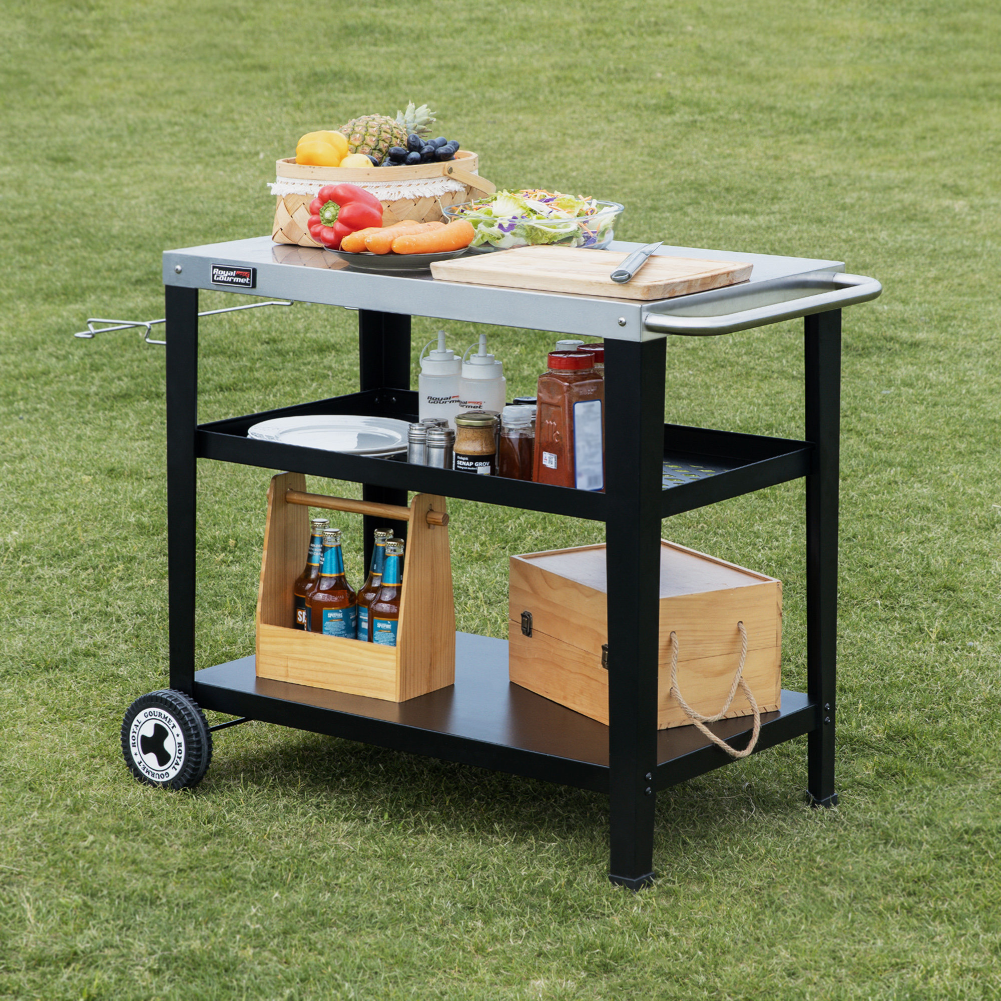 Royal Gourmet Movable 3-Shelf Grill Table with Removable Trash Bag ...