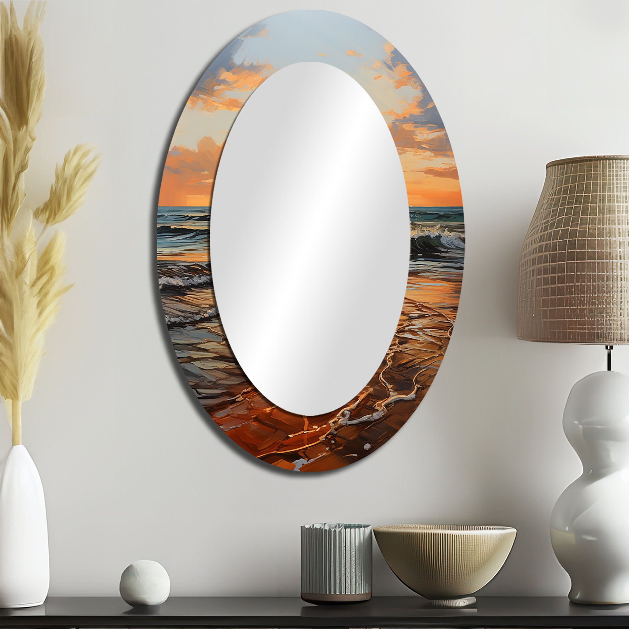 Dakota Fields Orange Teal Sunrise On The Beach I - Landscapes Oval Decorative Mirror On Metal ...