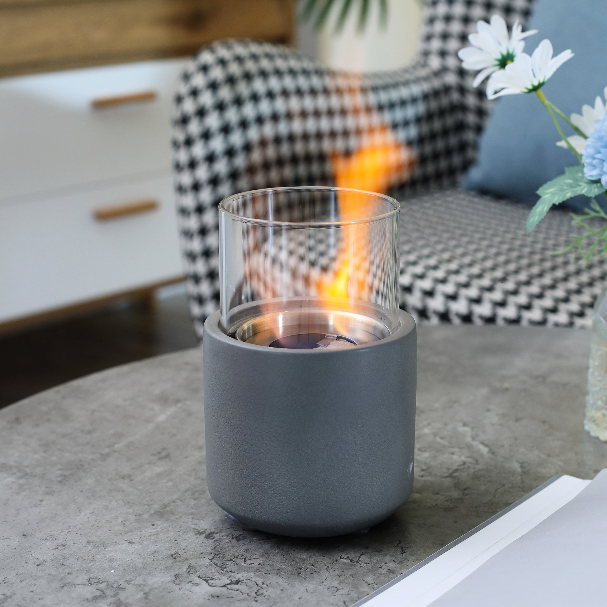 Ivy Bronx Mini Concrete Fireplace With Lid, Tabletop Ethanol Fire Bowl ...