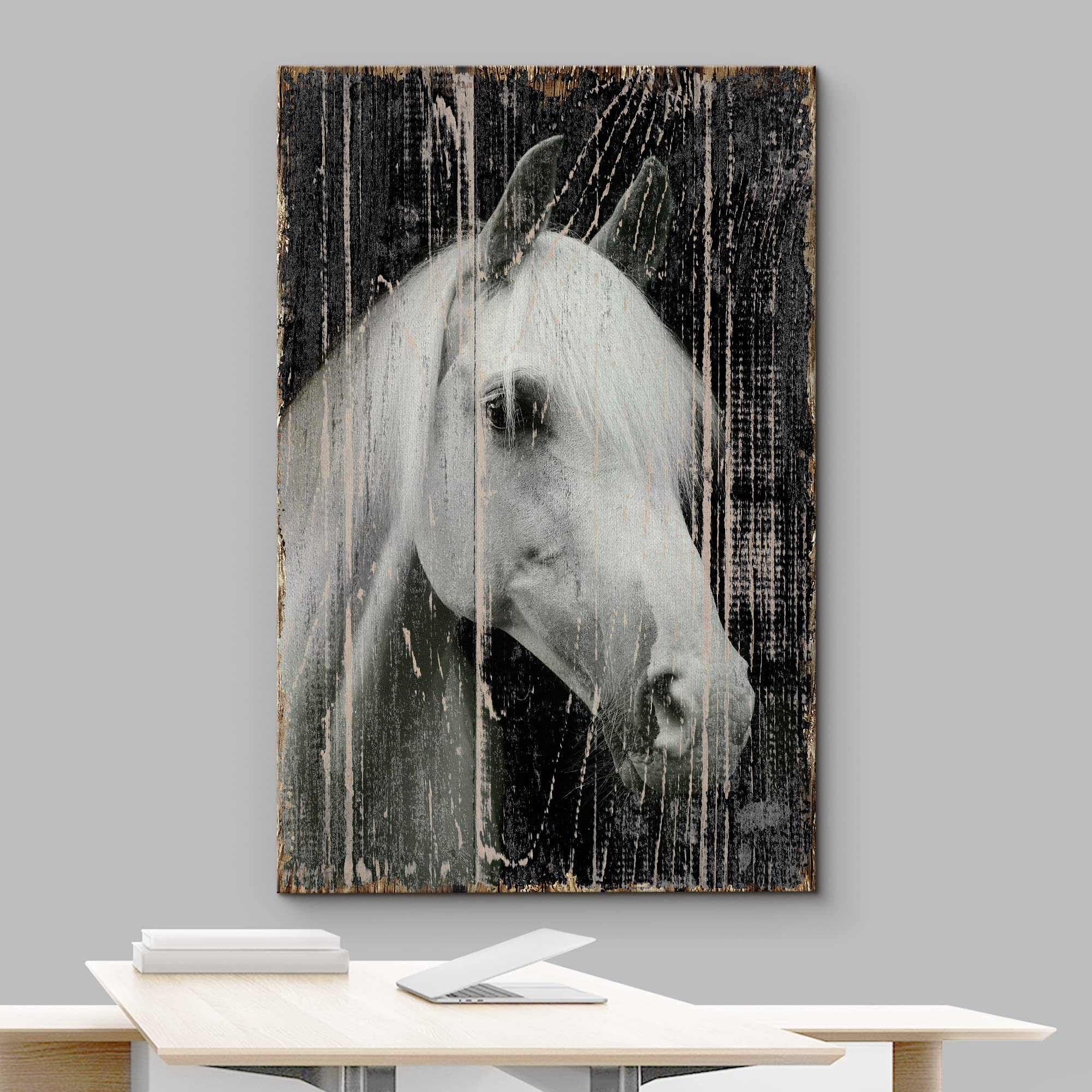 IDEA4WALL Running Horses Gray Green Horse Portrait on Wood Effect ...
