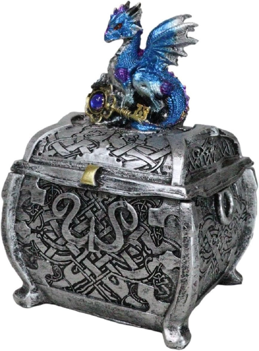 Trinx Metallic Ocean Dragon Holding Rune Key On Treasure Chest Trinket ...