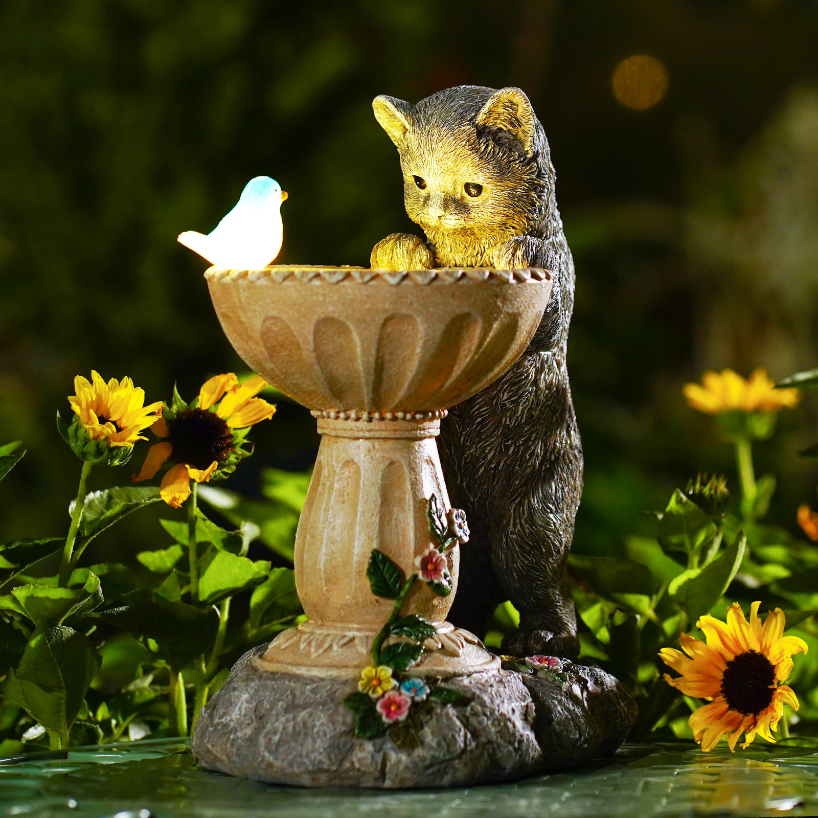 Arlmont & Co. Solar Cat Bird Feeder - 10 Inch Gray Outdoor Statues ...