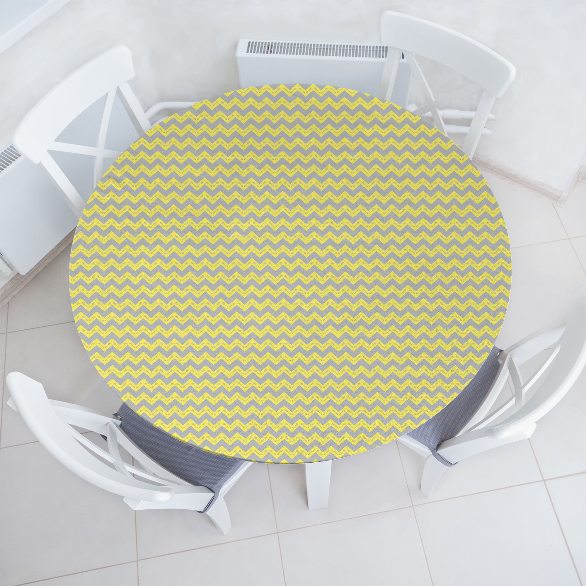 Wrought Studio™ Chevron Fitted Round Tablecloth Yellow Pale Grey | Wayfair
