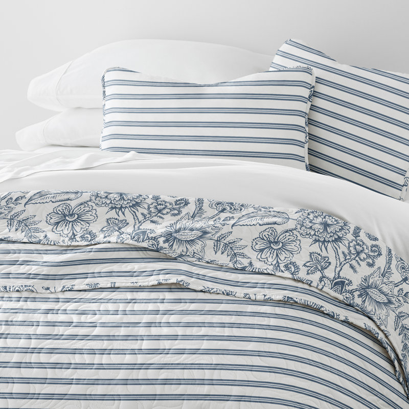 Becky Cameron Dusk Blue Floral Stripe Reversible Quilt Set & Reviews ...