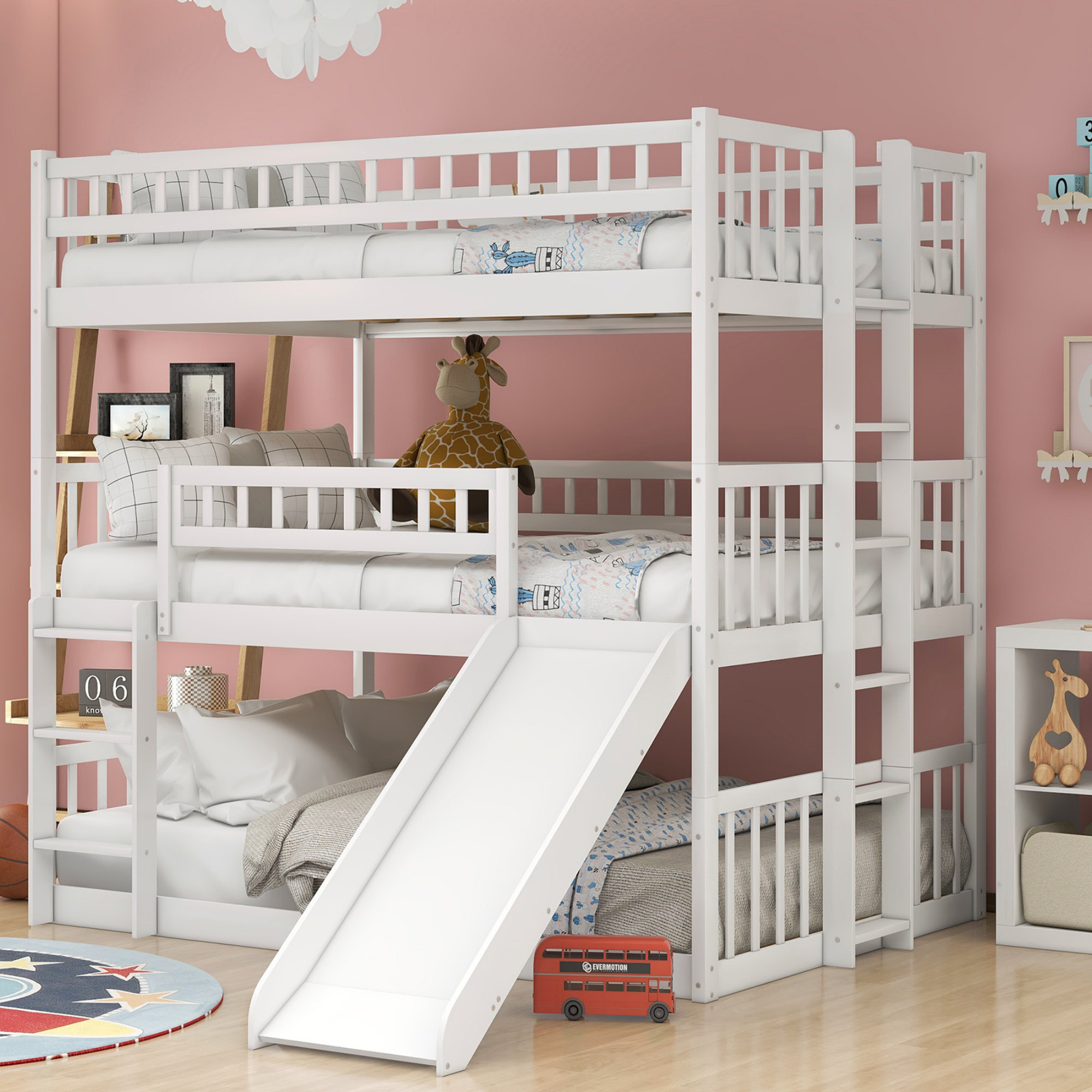 17 Stories Full-Over-Full-Over-Full Triple Bed With Built-In Ladder And ...