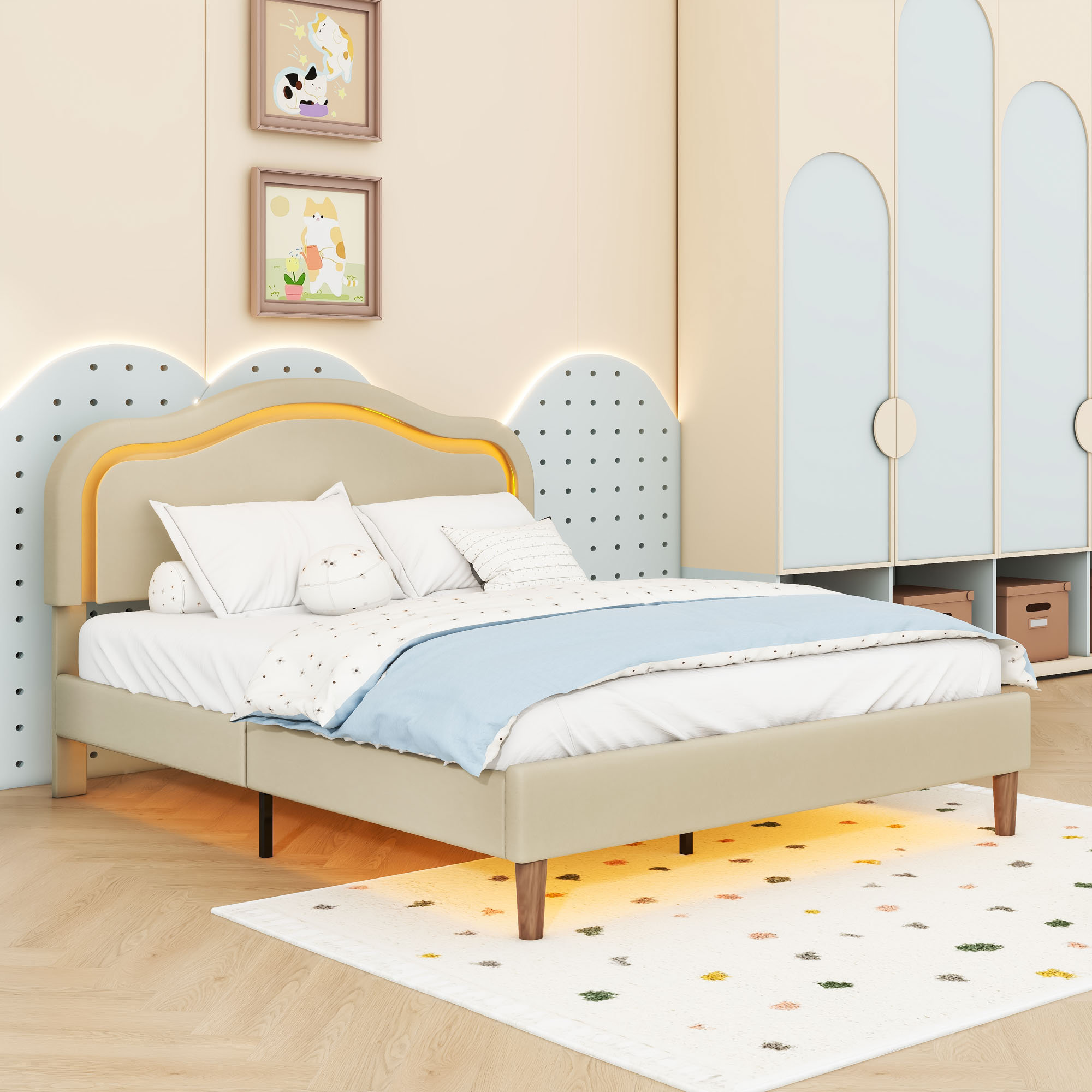 Wrought Studio™ Upholstered Smart LED Bed Frame with Adjustable Height ...