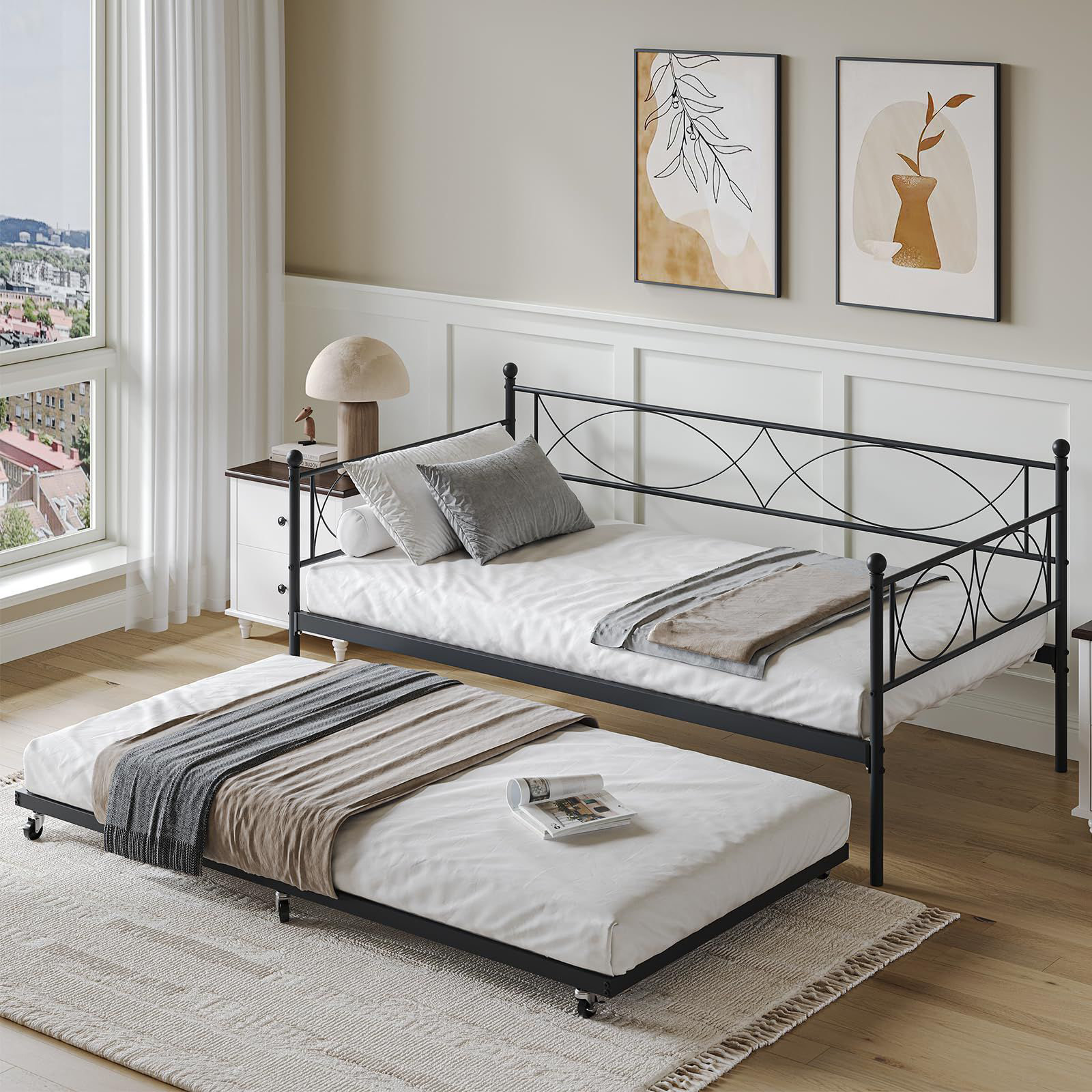 Charlton Home Metal Day Bed Twin Trundle Bed Frame, With Premium Steel ...