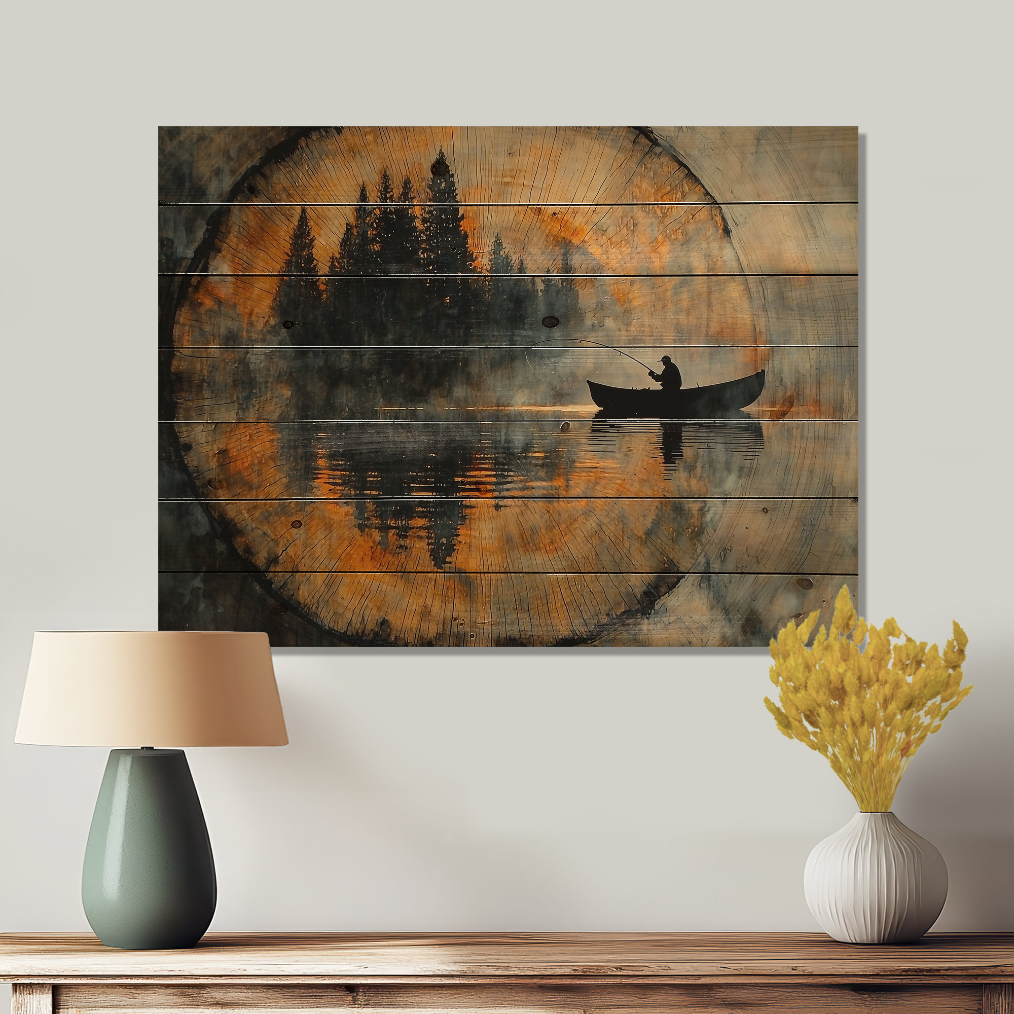 Ophelia & Co. Fishing Tranquility River Landscape I - Boat Fishing Wood ...