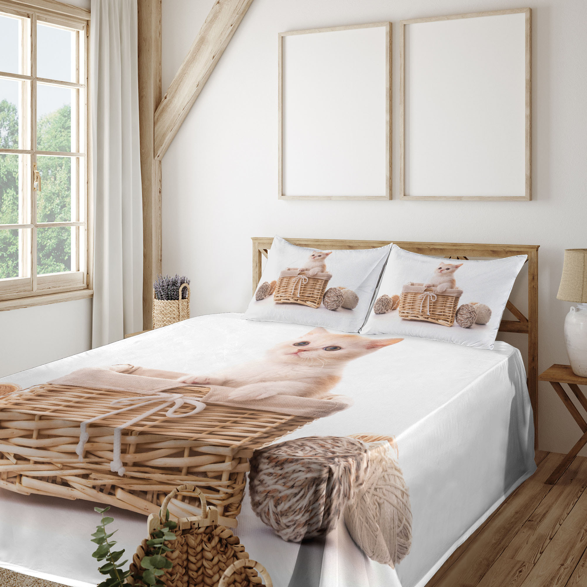 Ambesonne Kitty Sheet Set Goofy Small Cat in Basket Pastel Brown and ...