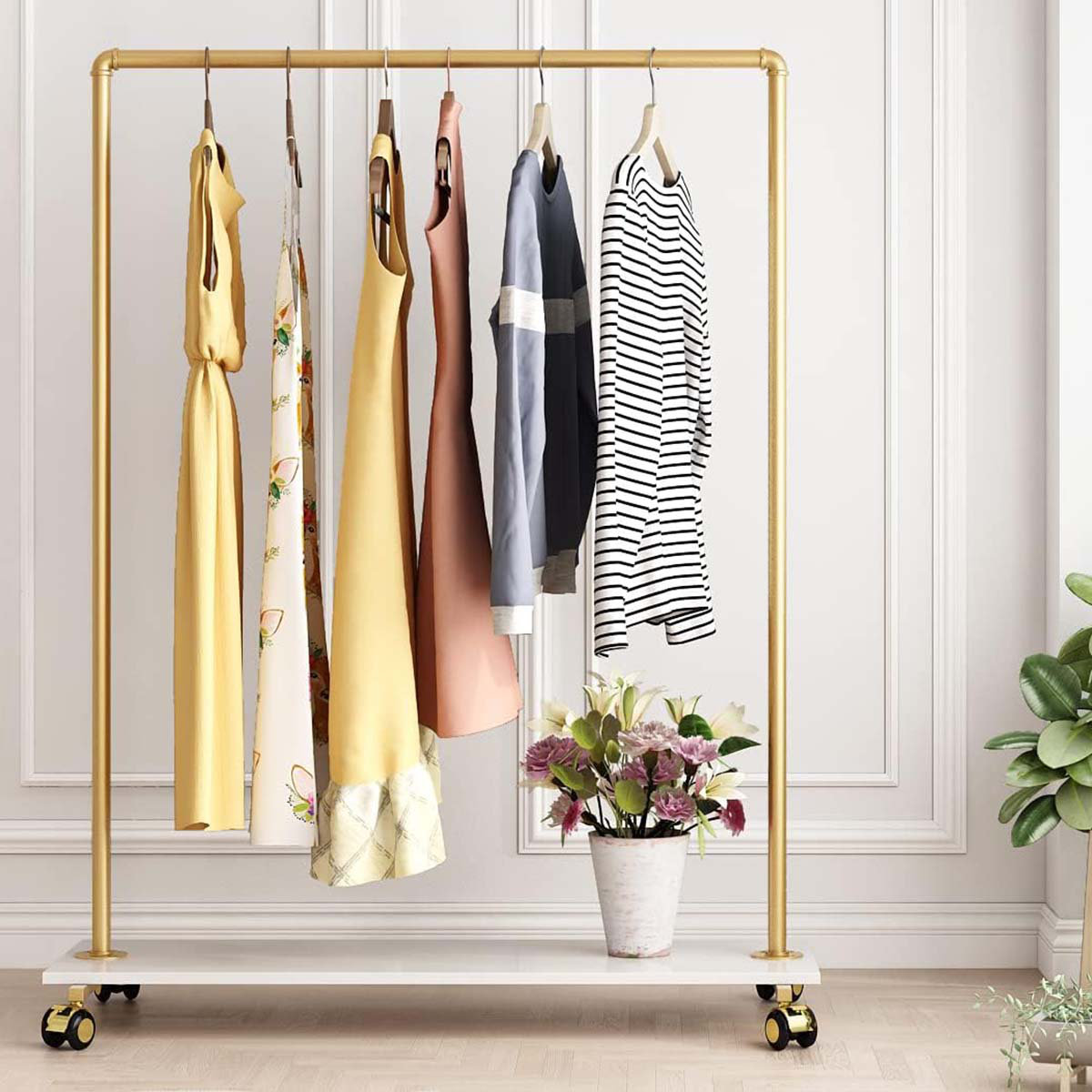 Mercer41 Gold Metal Clothing Rack With Wood Shelf, Heavy Duty Rolling ...