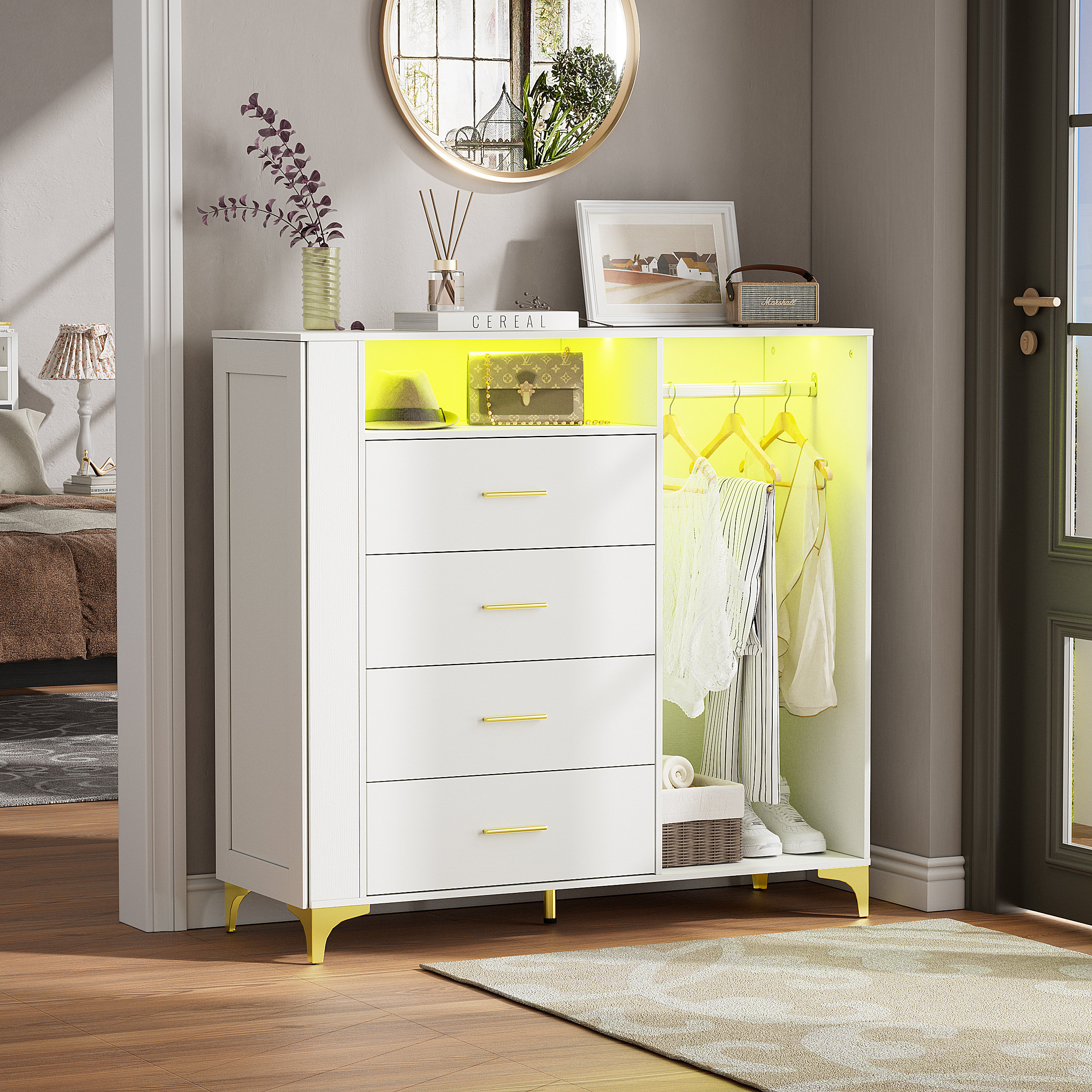 Wrought Studio™ Asoni 4 Drawer Dresser with Clothes Rail, Jewelry ...