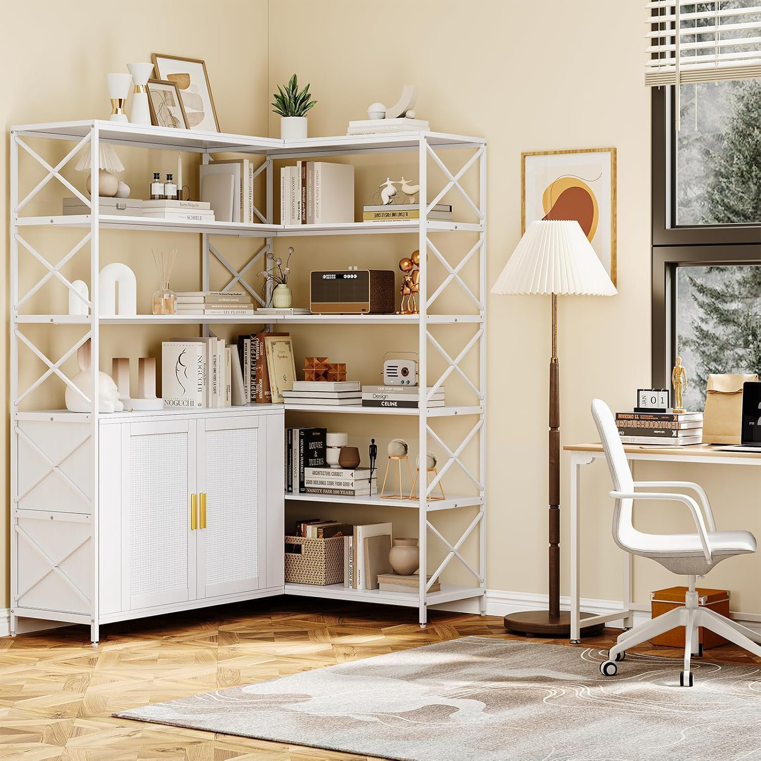 Gracie Oaks 6 Tier Corner Bookshelf, Large Farmhouse Bookcase for ...