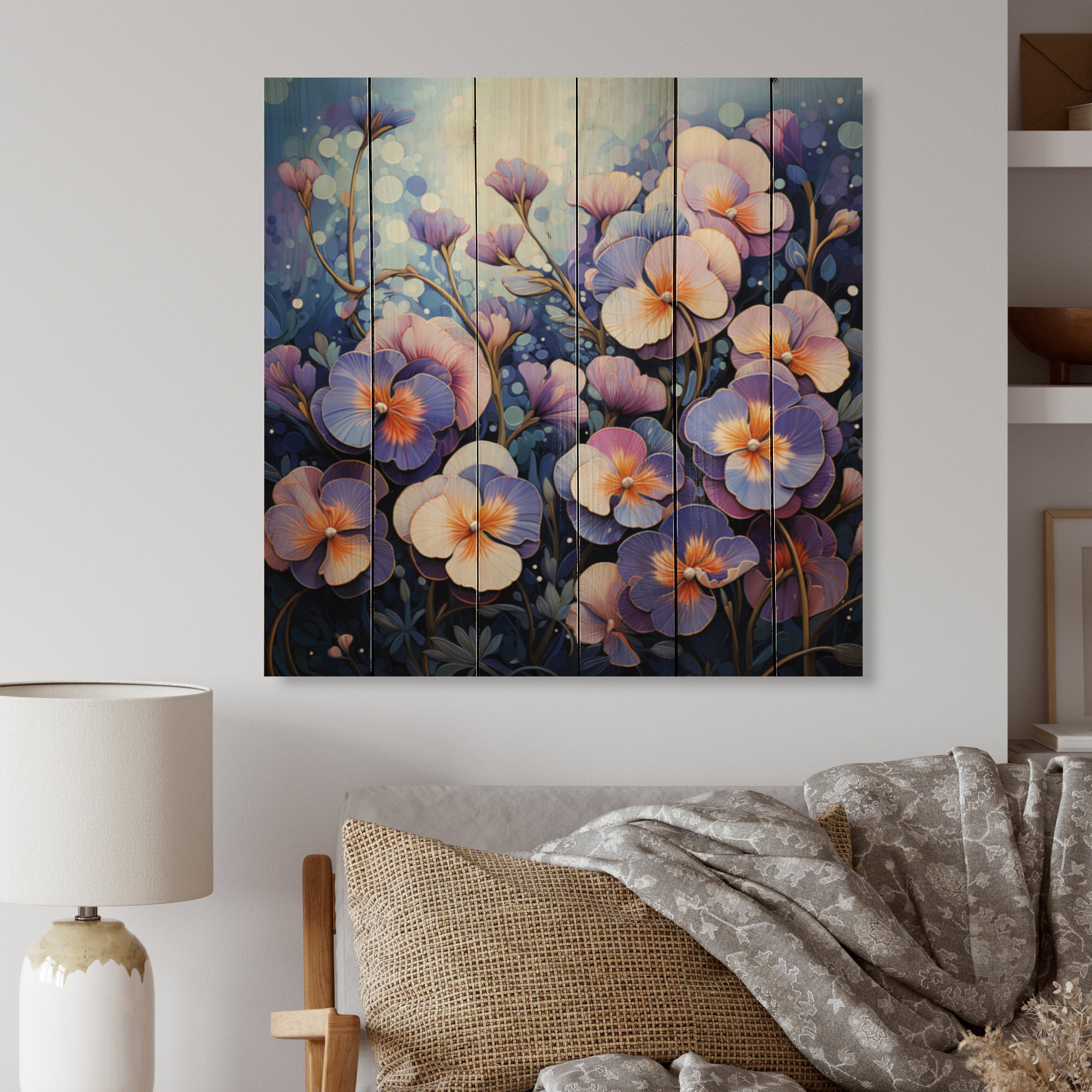 Red Barrel Studio® Purple Pansies Field Pointillism Dot II - Floral Print on Natural Pine Wood ...