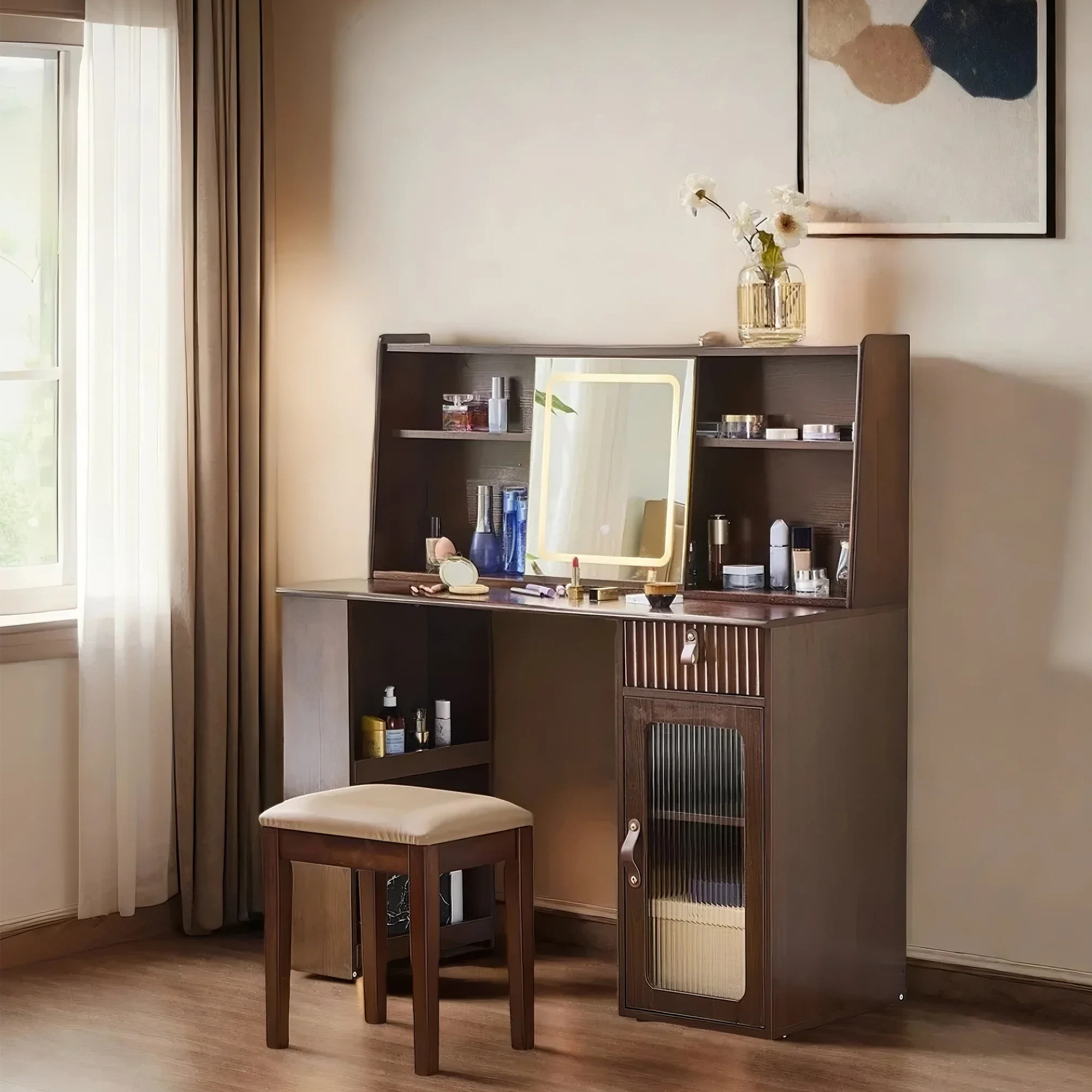 Helhom Makeup Vanity With 3-Colour Sliding LED Mirror, Wood Vanity Desk ...