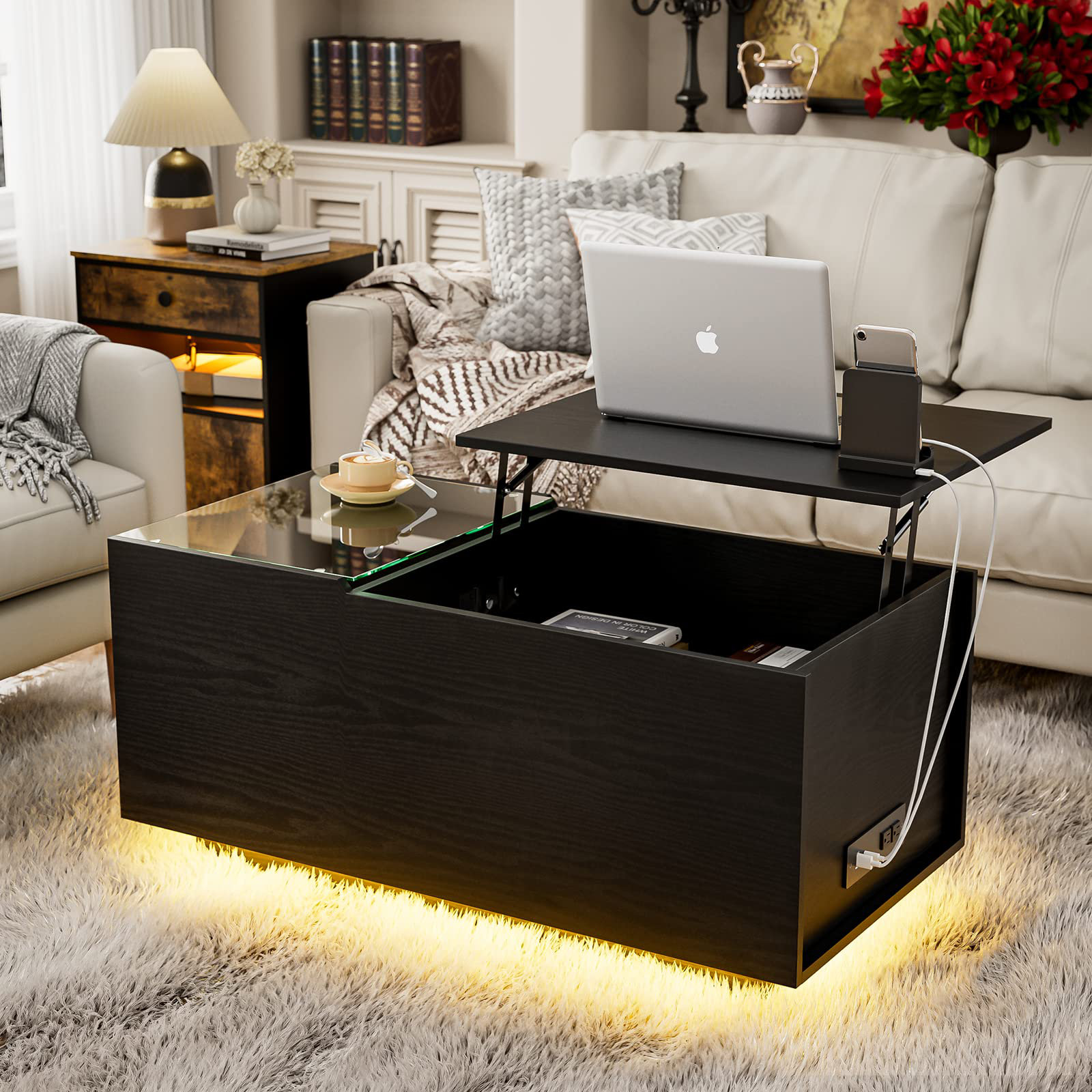 Ivy Bronx Ajhani Lift Top Coffee Table with LED Lights & Charging ...