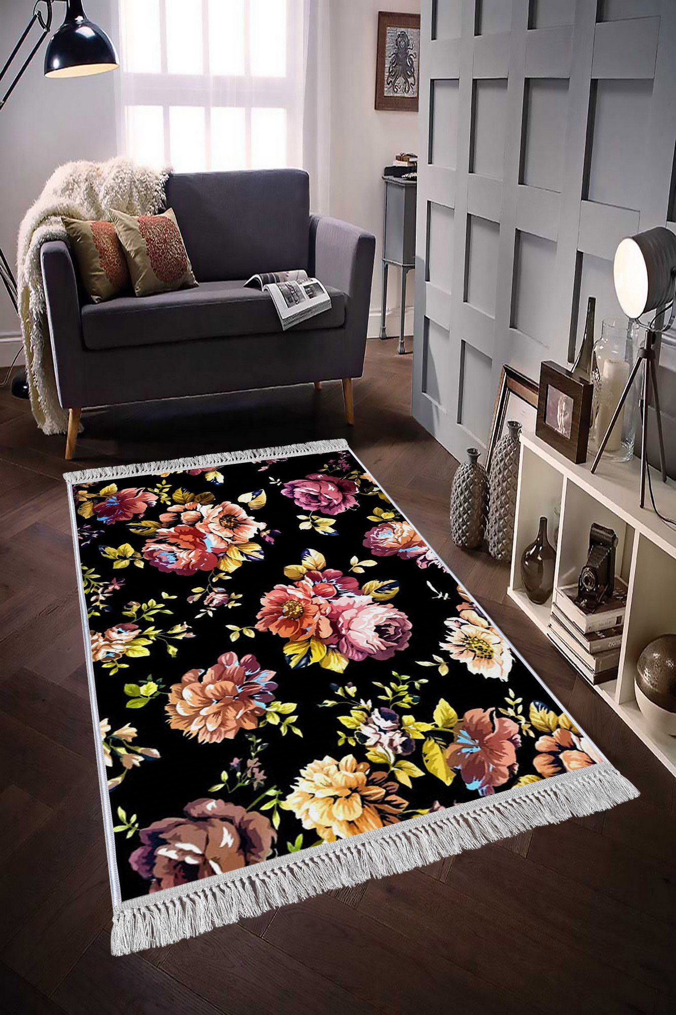 East Urban Home Adona Floral Machine Tufted Velvet Area Rug in Black ...