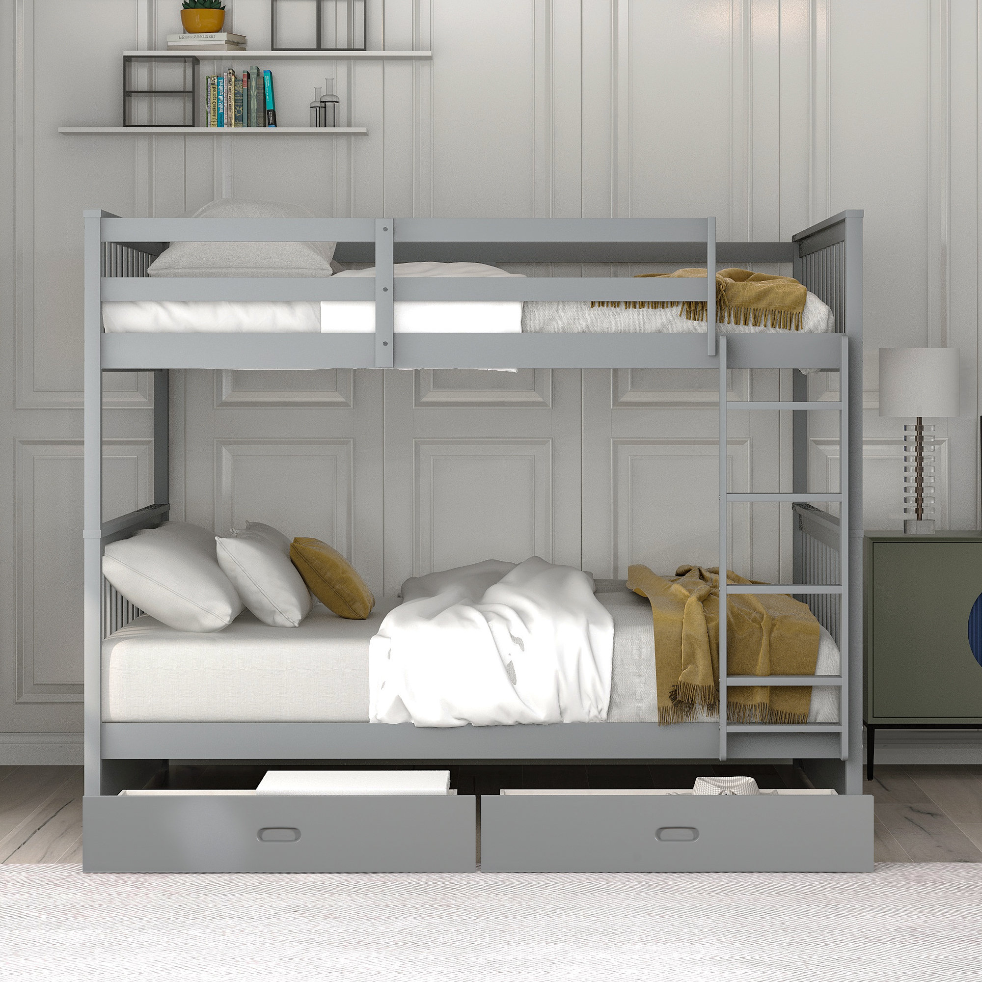 One Allium Way Bunk Bed with Dual Ladders, Two Storage Drawers, Solid ...