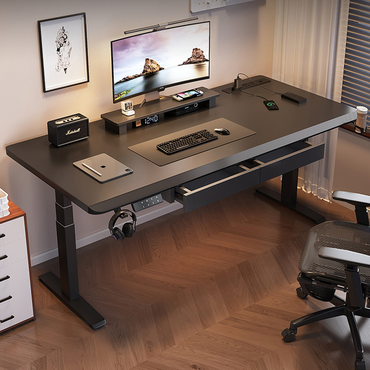 Corrigan Studio® Black + Rectangular + Three-section adjustable table ...