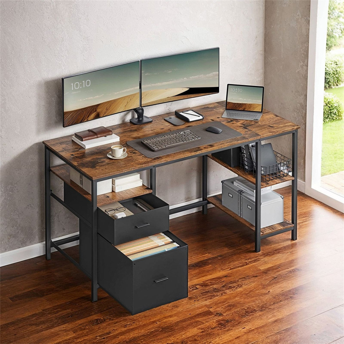 Borough Wharf Industrial Home Office Desk, Computer Writing Desk With 2 ...