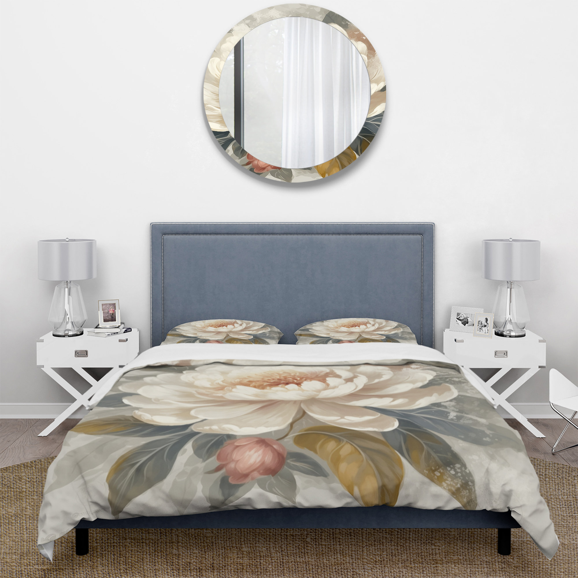 Design Art White Grey Peony Blooms In Motion III BeddingMicrofiber ...
