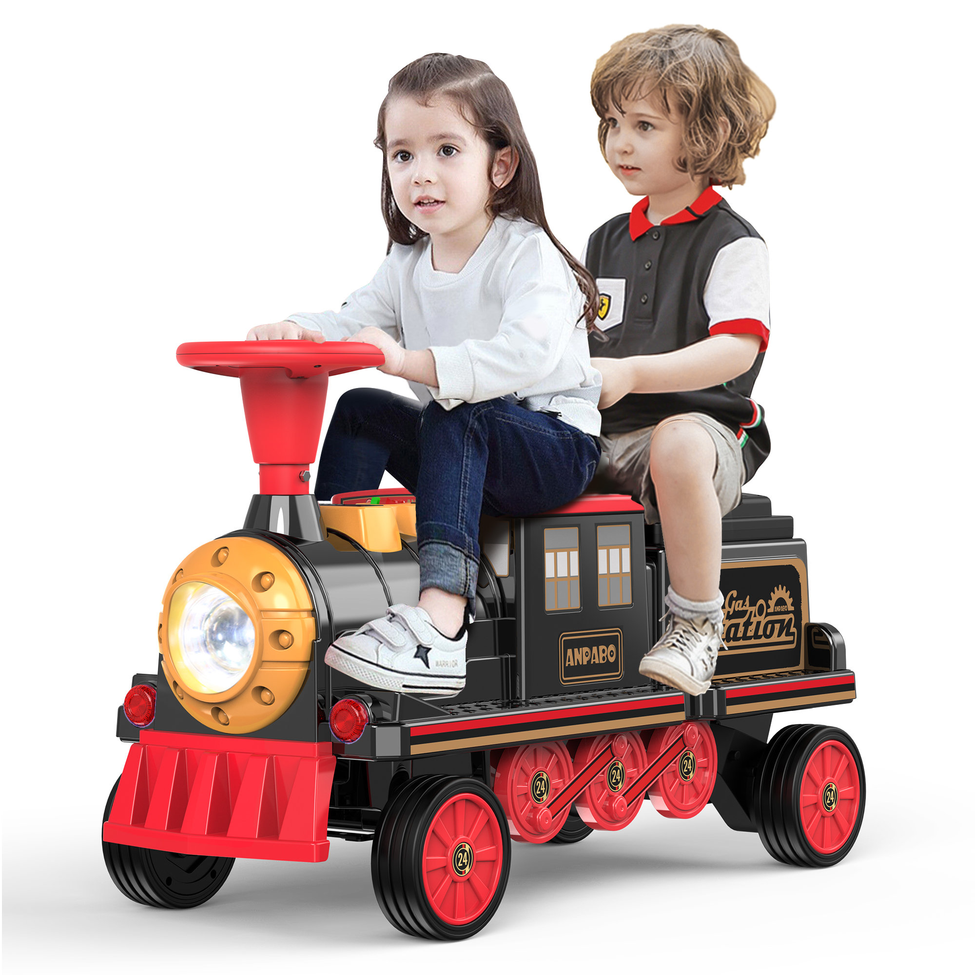 ANPABO 12V Electric Ride on Train W/ Rubber Wheel, Storage Box, LED Light, Music Player, 2 ...