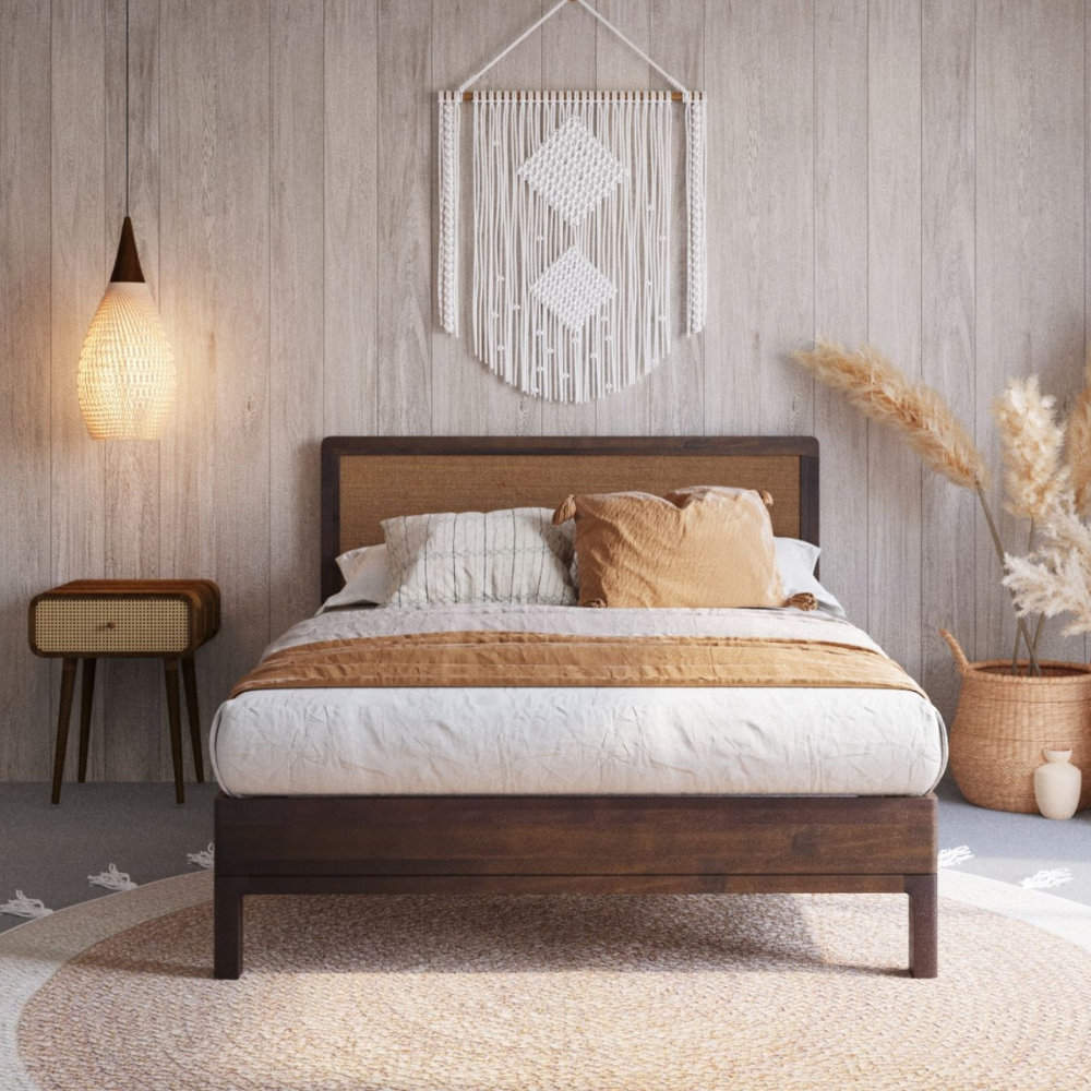 Anspach Solid Wood Platform Bed with Headboard Bohemian Bed Frame Millwood Pines Color Walnut Size Full Double