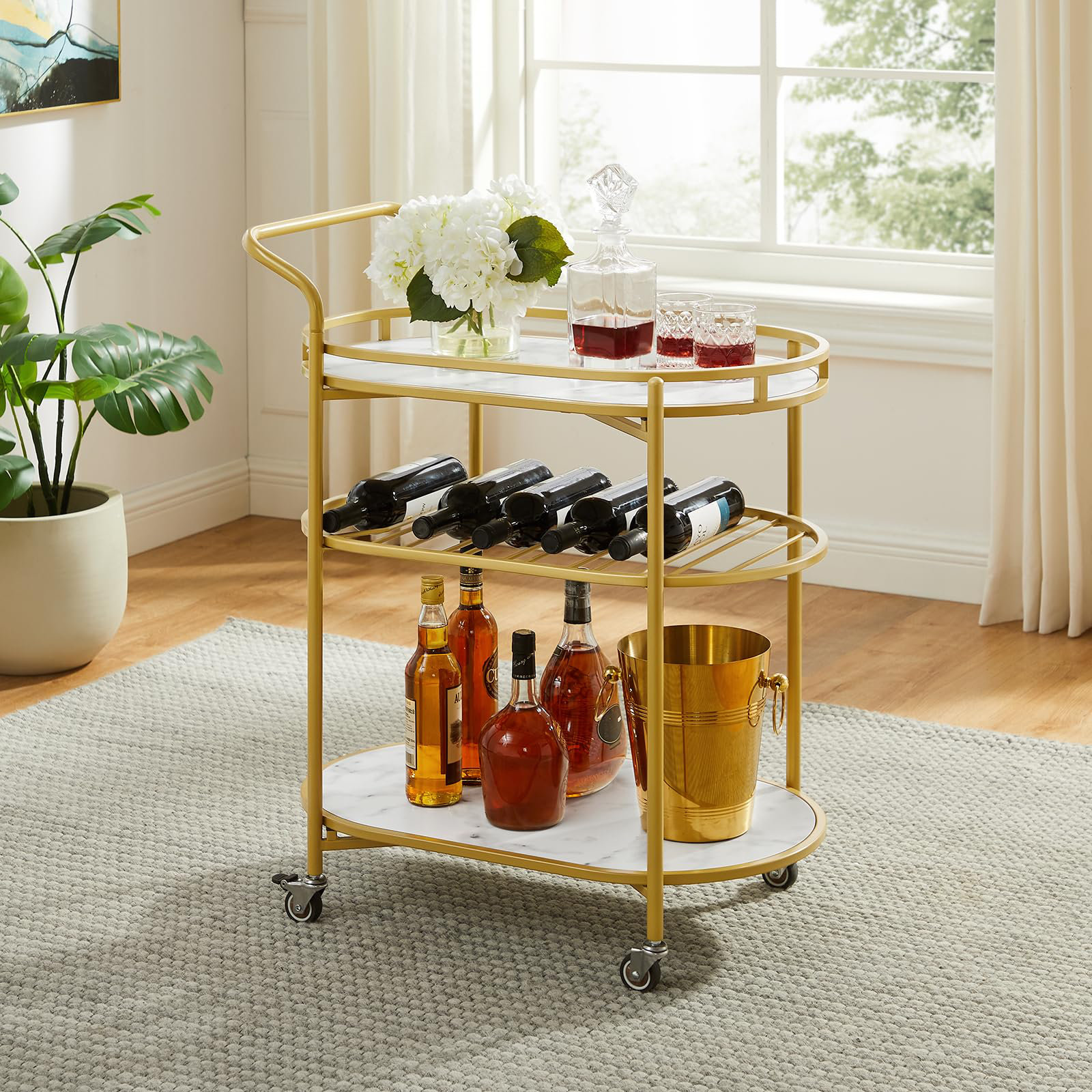 Everly Quinn Gold Bar Carts With 3 Tier Storage Shelves And Rotating ...