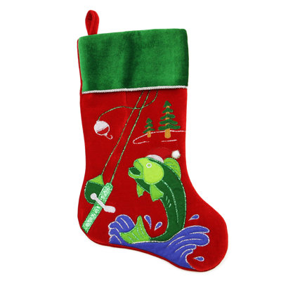 Northlight 19.5" Red Velveteen Fishing Themed Christmas Stocking with ...