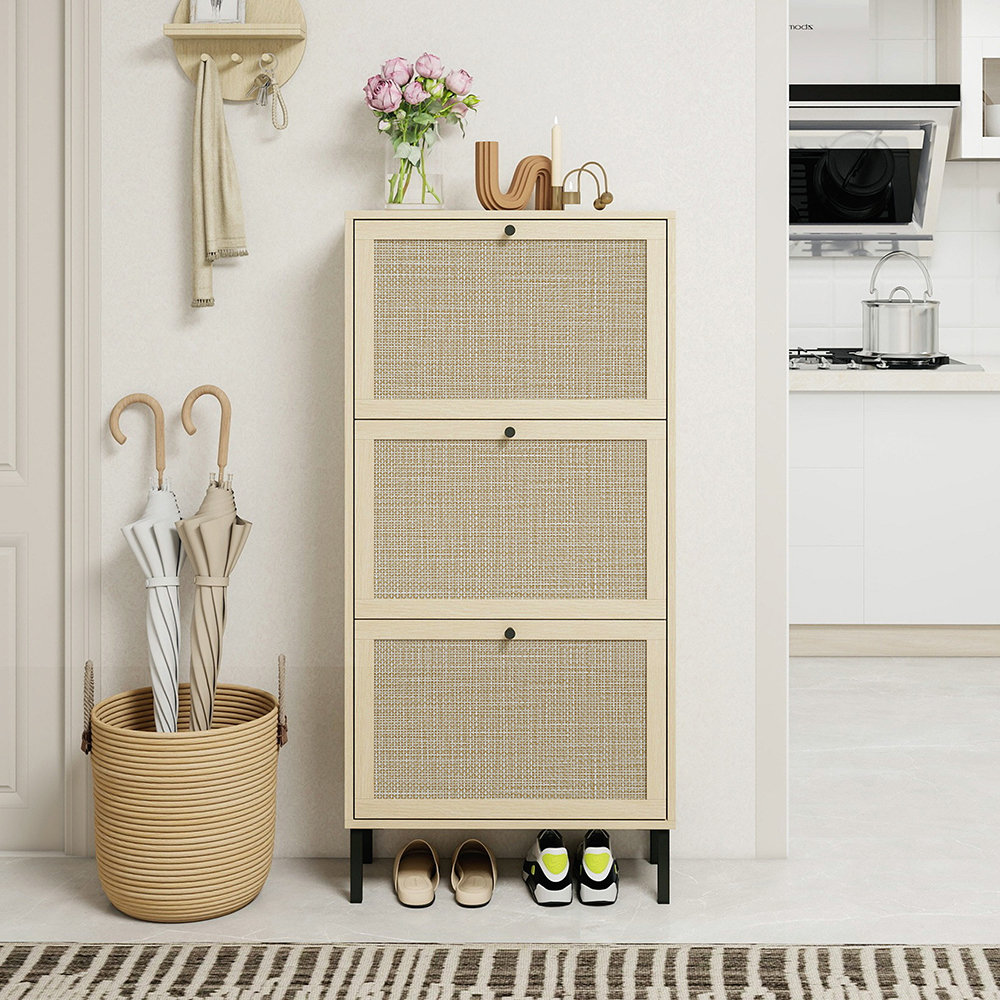 Ebern Designs Rattan 3 Door Shoe Rack Freestanding Modern Shoe Storage ...