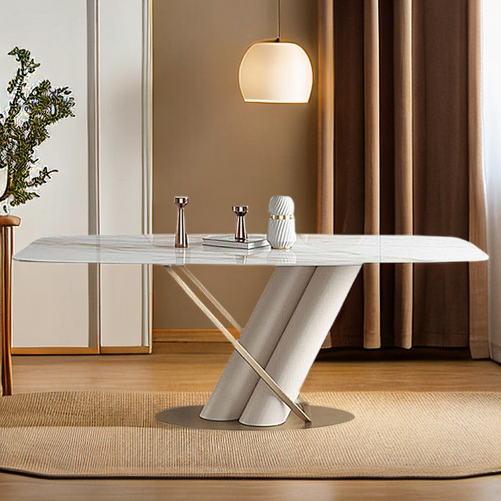 PULOSK Sintered Stone + Steel White Rectangular Dining Table | Wayfair