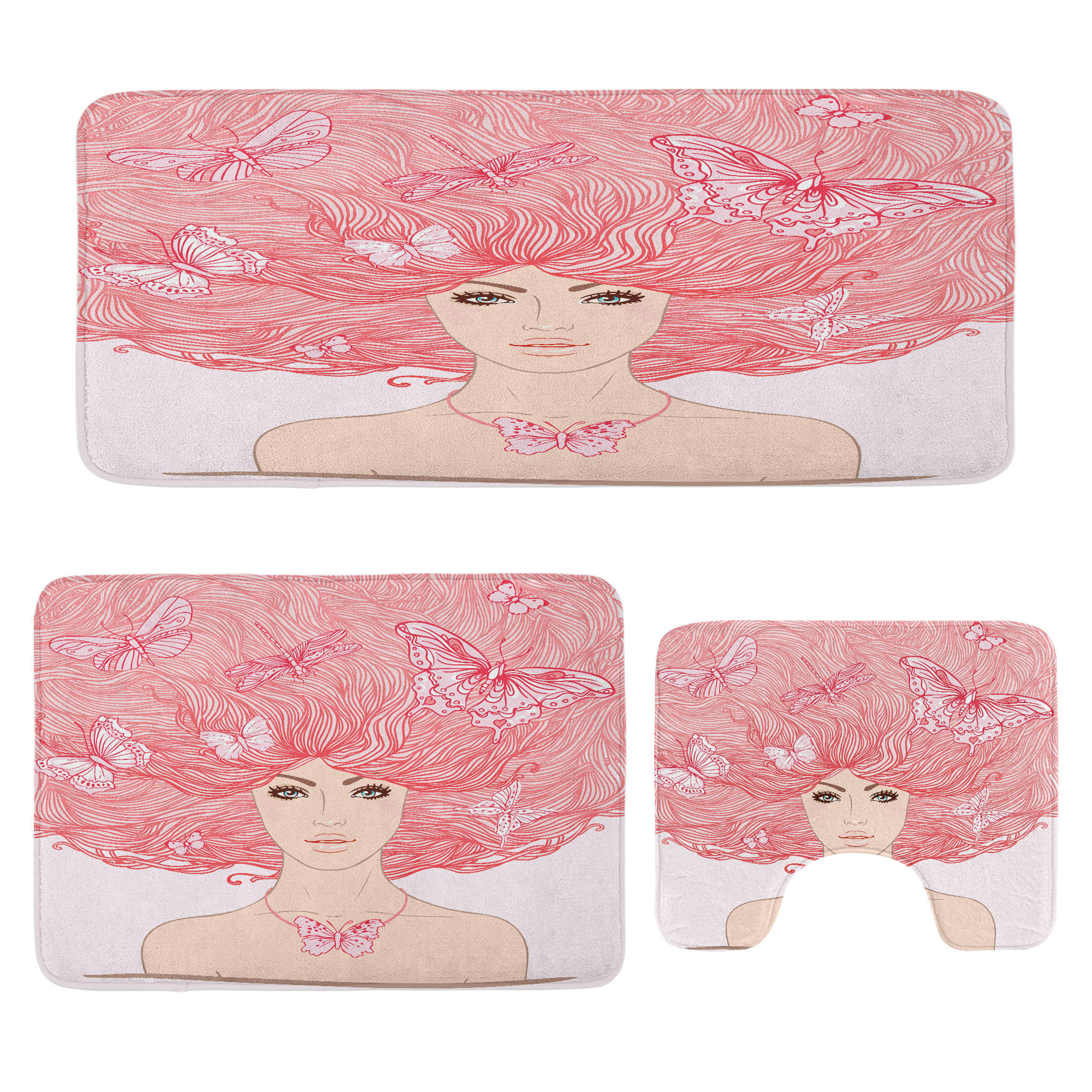 East Urban Home Pink Bathroom Rug Set 3 Pieces U-Shape & Rectangle Mats ...