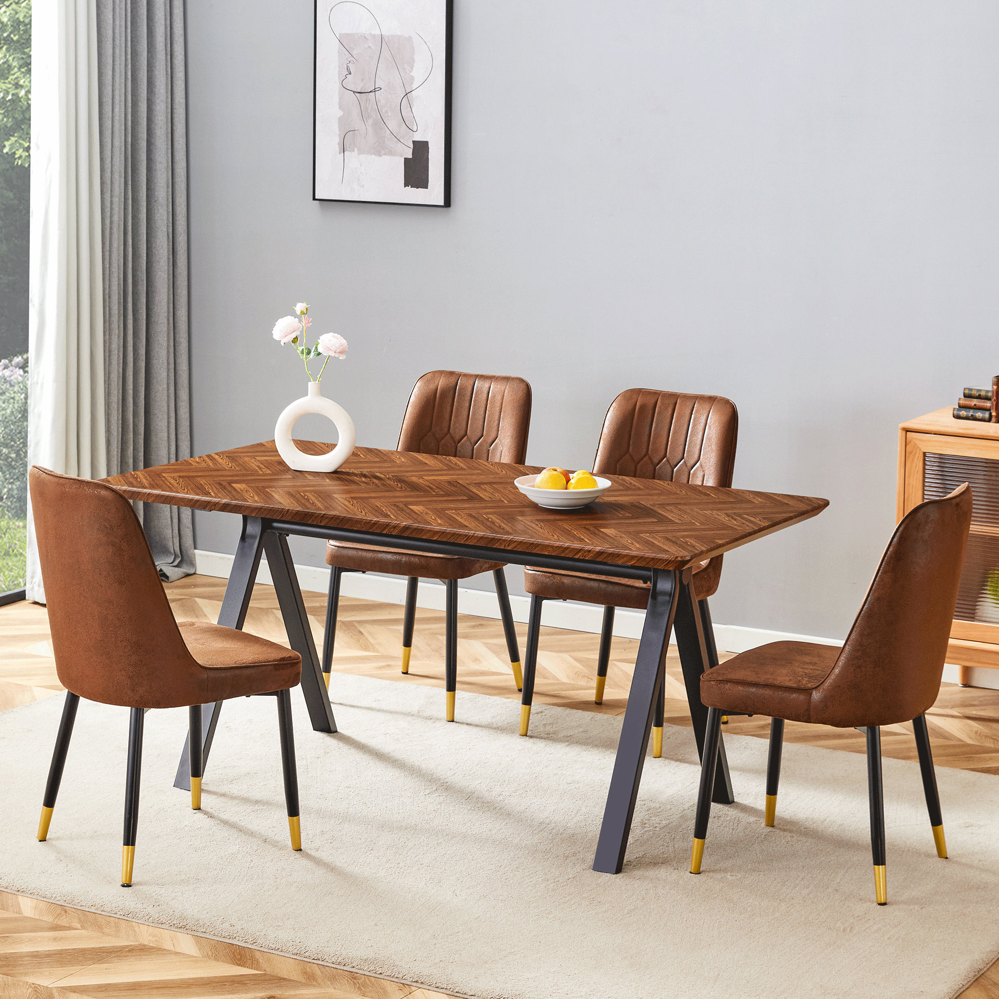 George Oliver Mid-Century Modern Wood Dining Table Set, Rustic Walnut ...