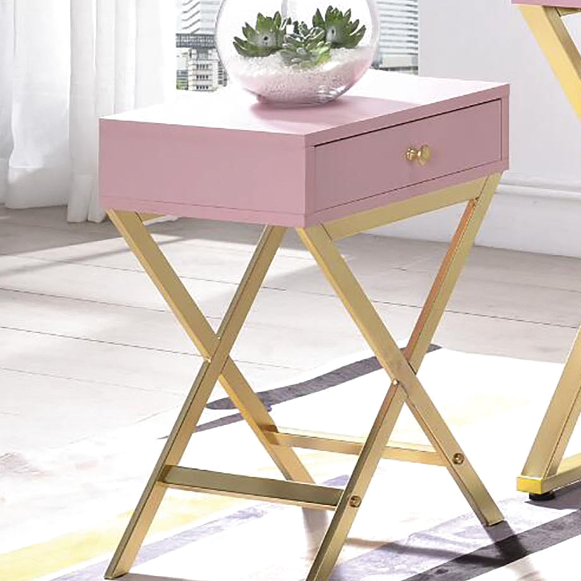 Mercer41 Pink And Gold Rectangular Occasional Side Table With One ...