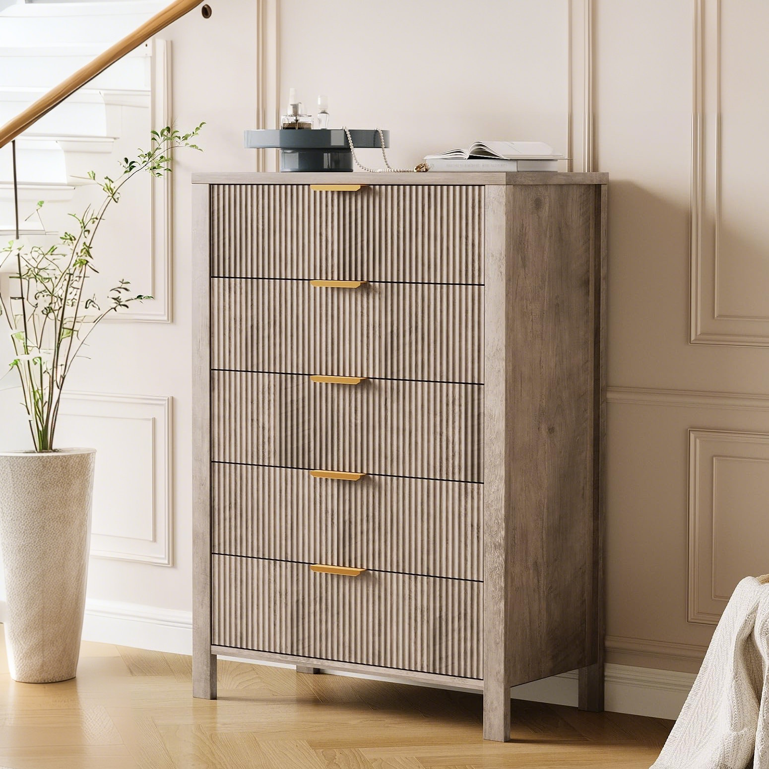 Ebern Designs Modern 5 Drawer Dresser, Grooved Chest, Bedroom Storage ...