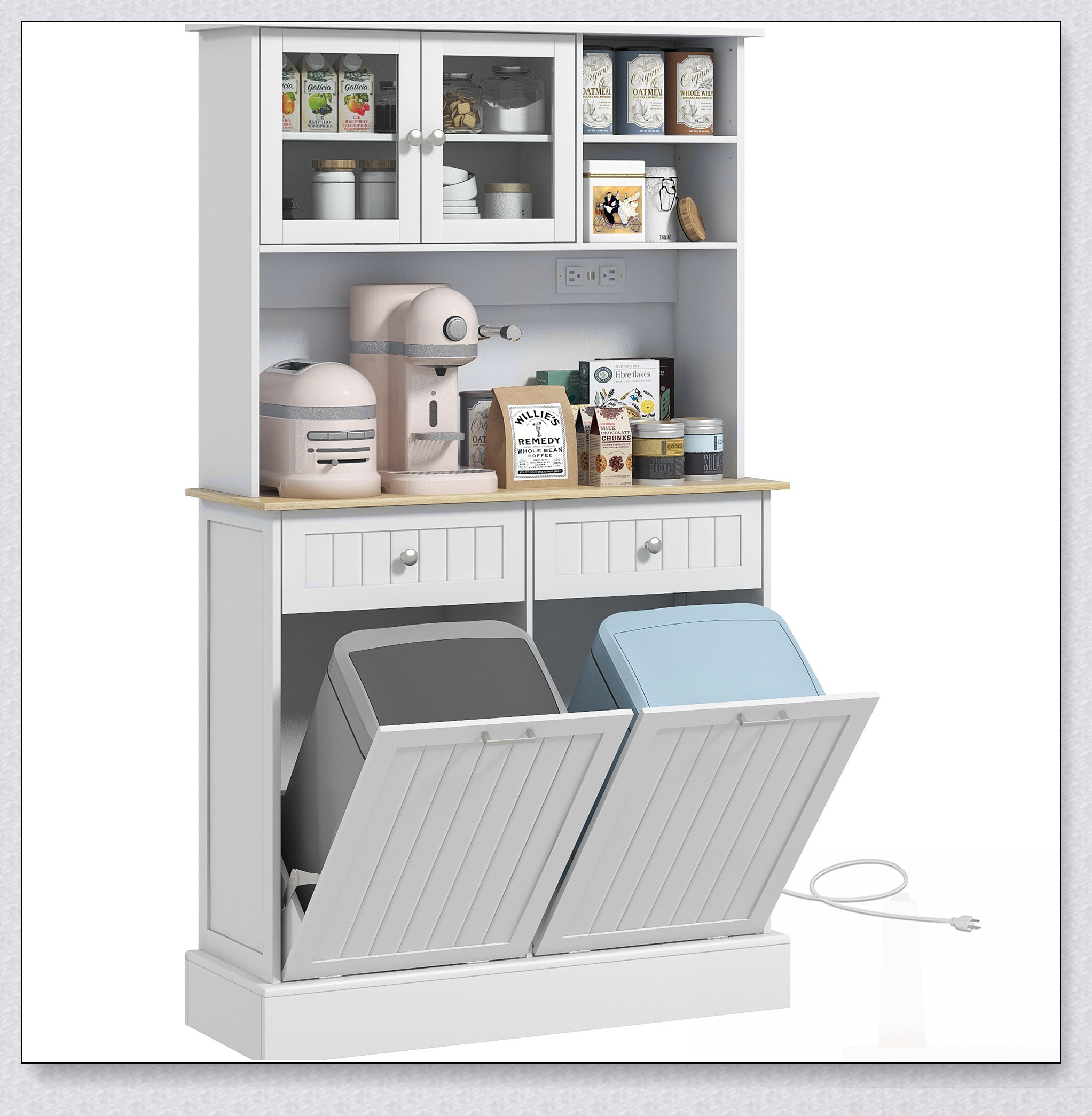 Mercer41 Freestanding Kitchen Pantry Cabinet With Charging Station ...