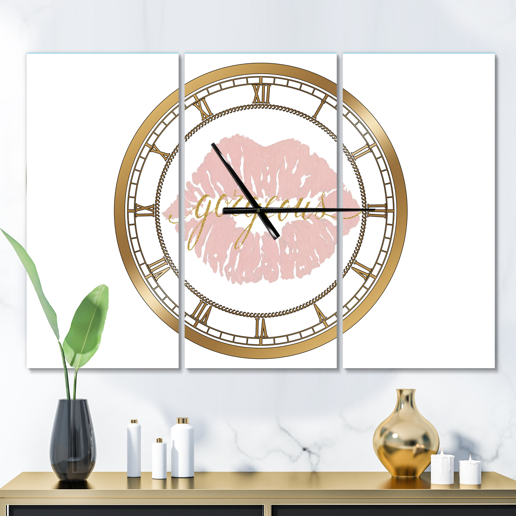 East Urban Home Fashion Glam Lips on Gold II - Modern wall clock | Wayfair