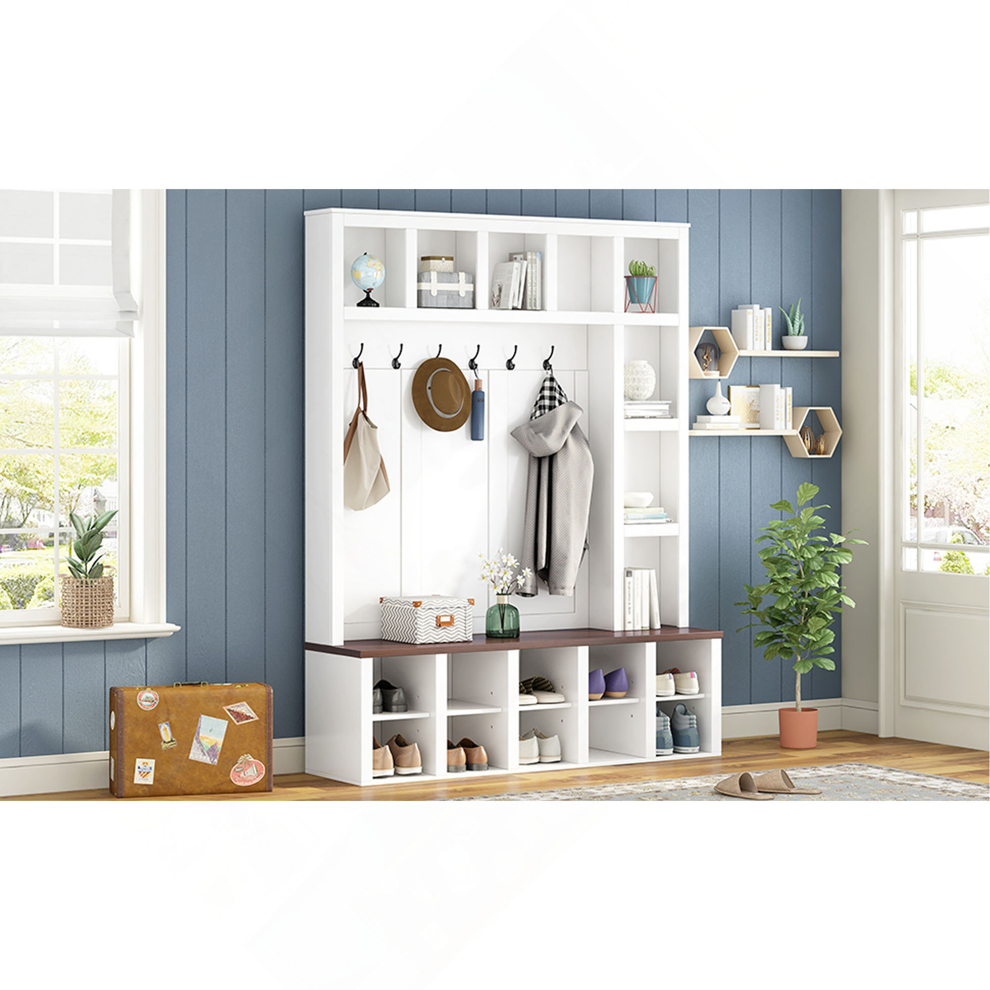 One Allium Way Farmhouse Wooden Style Hall Tree With 6 Hooks, Practical ...