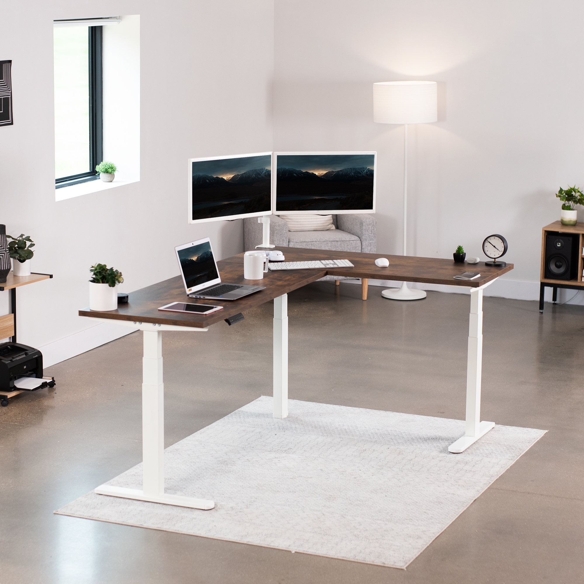 VIVO White Electric Motor Height Adjustable Corner 3 Leg Standing Desk ...