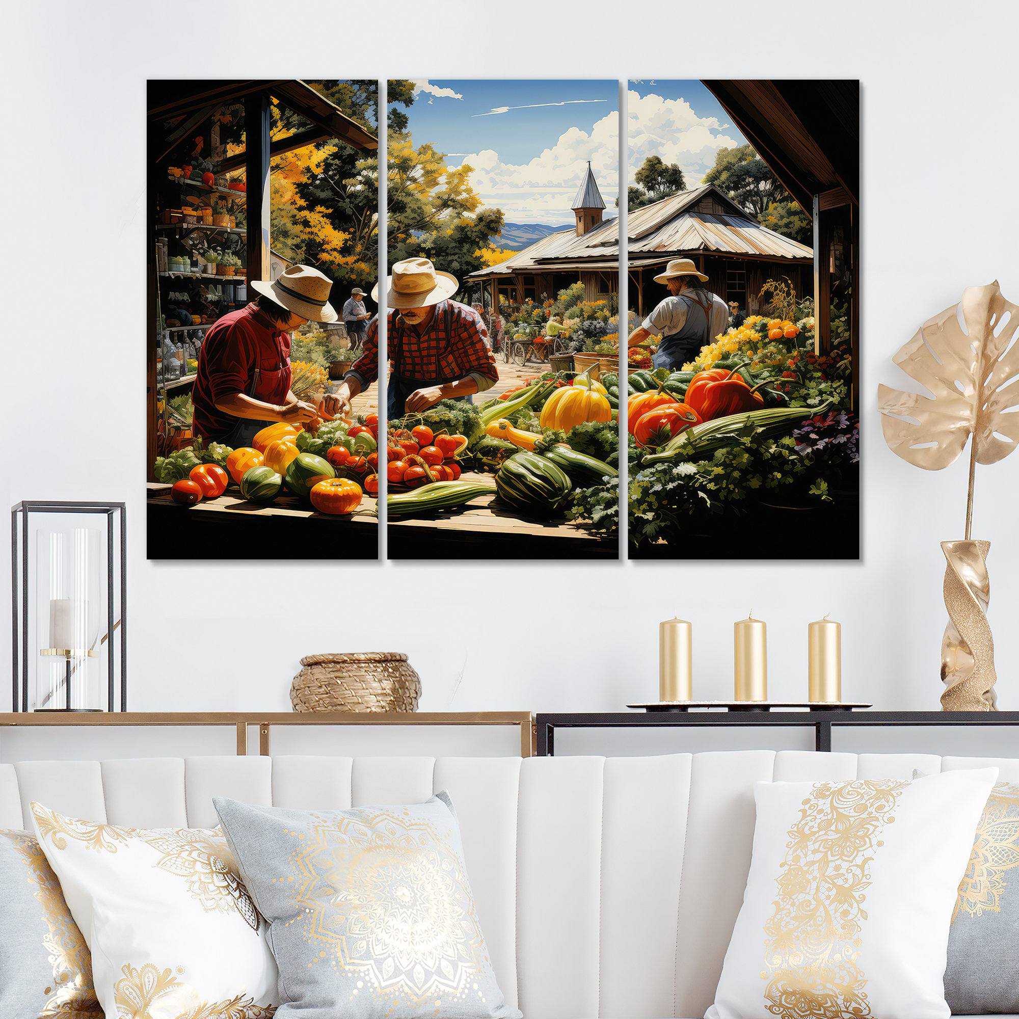 Design Art Farmers Food Market Pointillism On Metal 3 Pieces Print ...