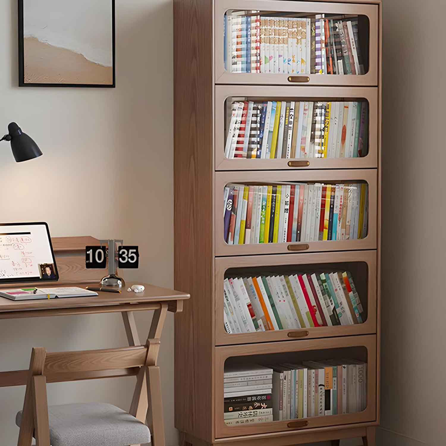 WORBEF Bookcase With Tempered Glass Doors, Large Solid Wood Bookshelf ...