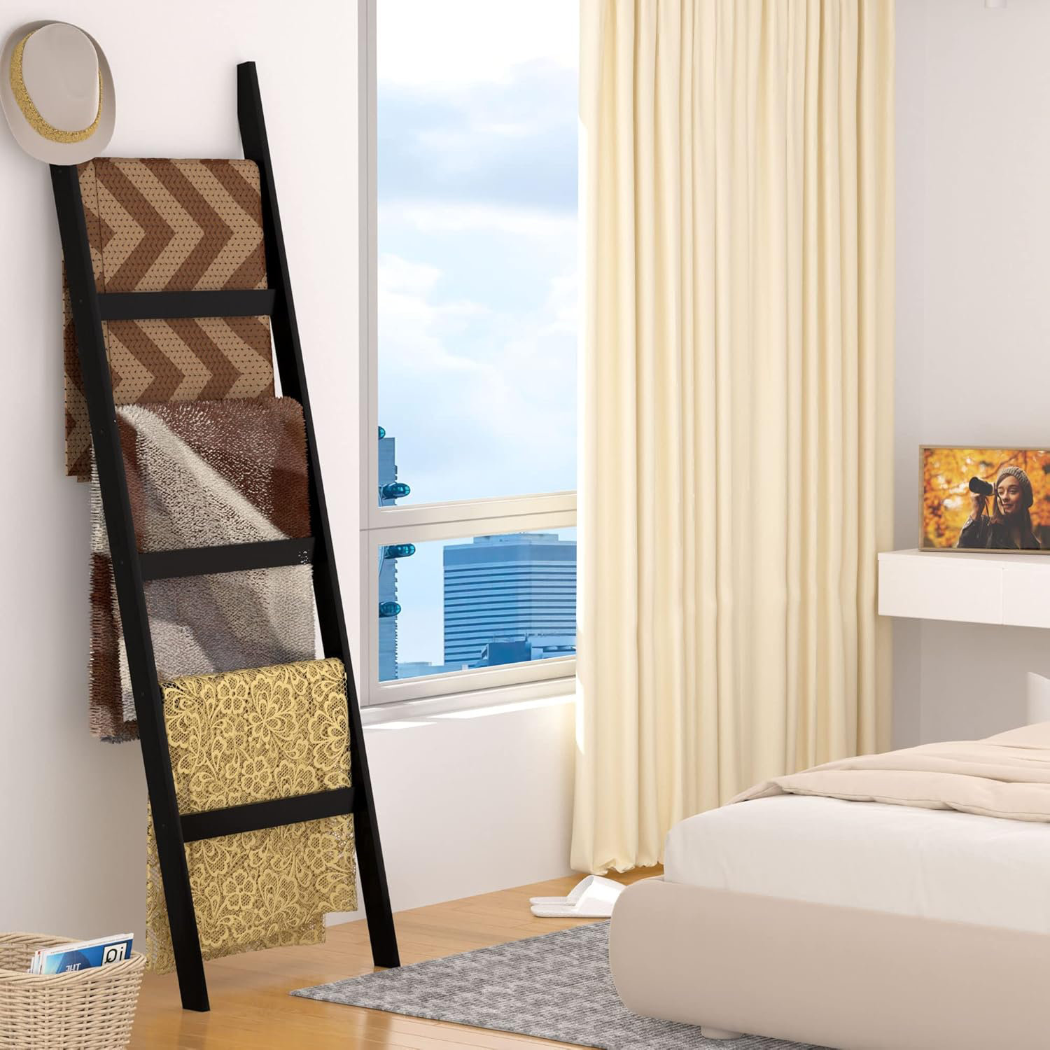 Latitude Run® Black Blanket Ladder, 6 Tier Blanket Holder, 68.9 Inch ...
