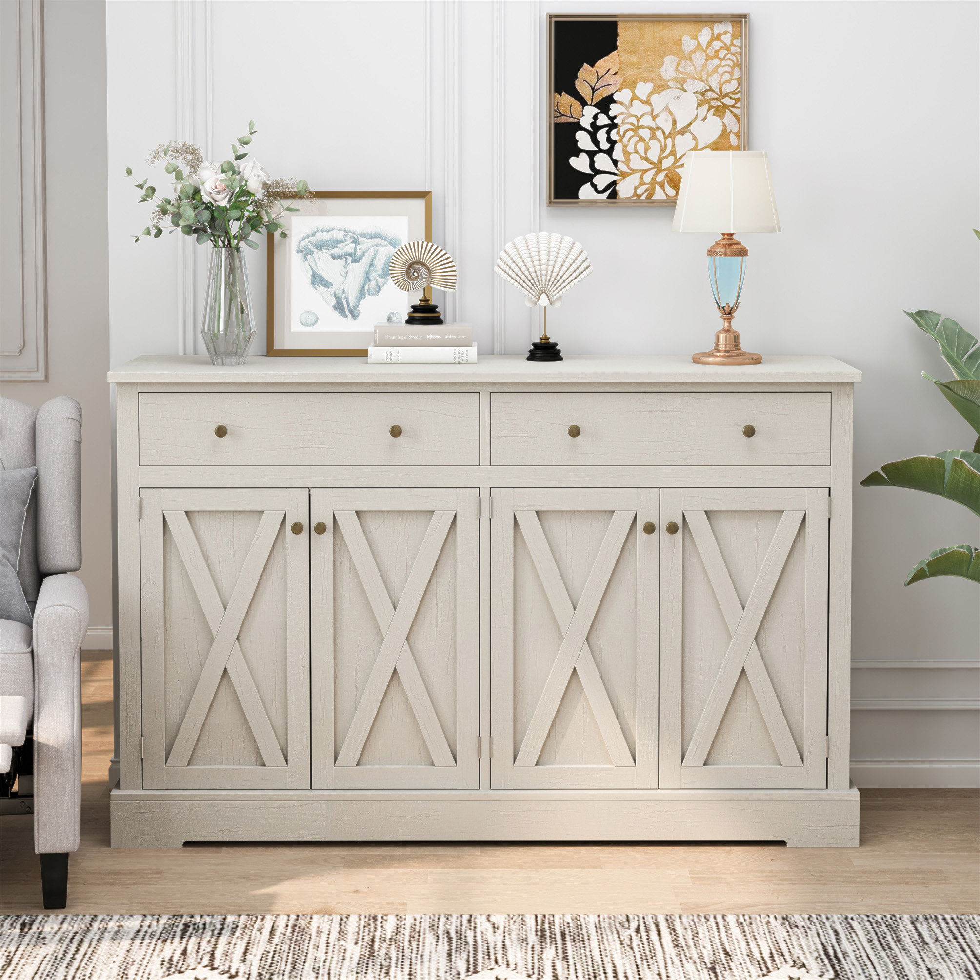 Ophelia & Co. Vintage White Sideboard With Two Drawers And Four Doors ...
