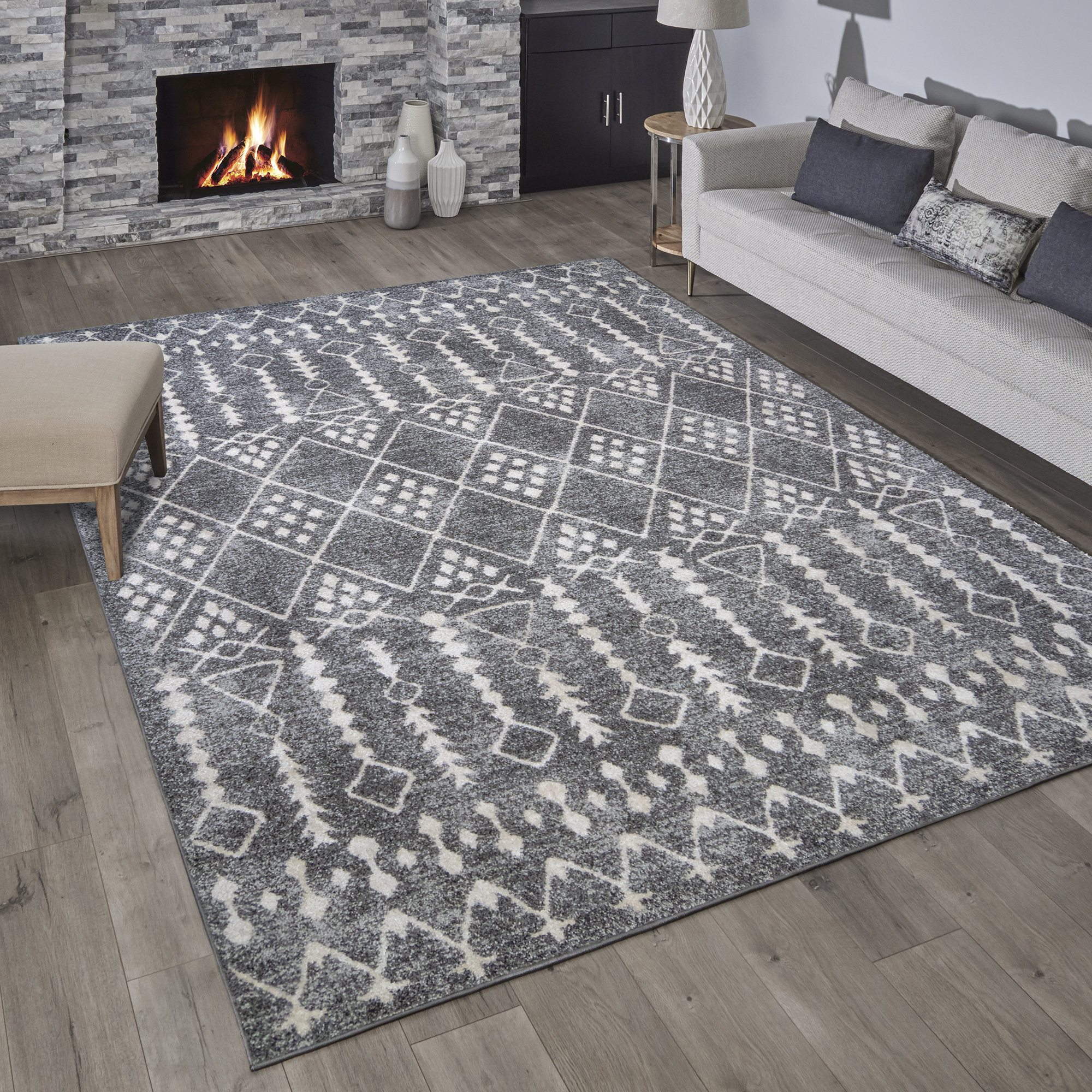 Gertmenian Dakar Drisana Moroccan Bohemian Gray/Ivory Ikat Plush Indoor ...