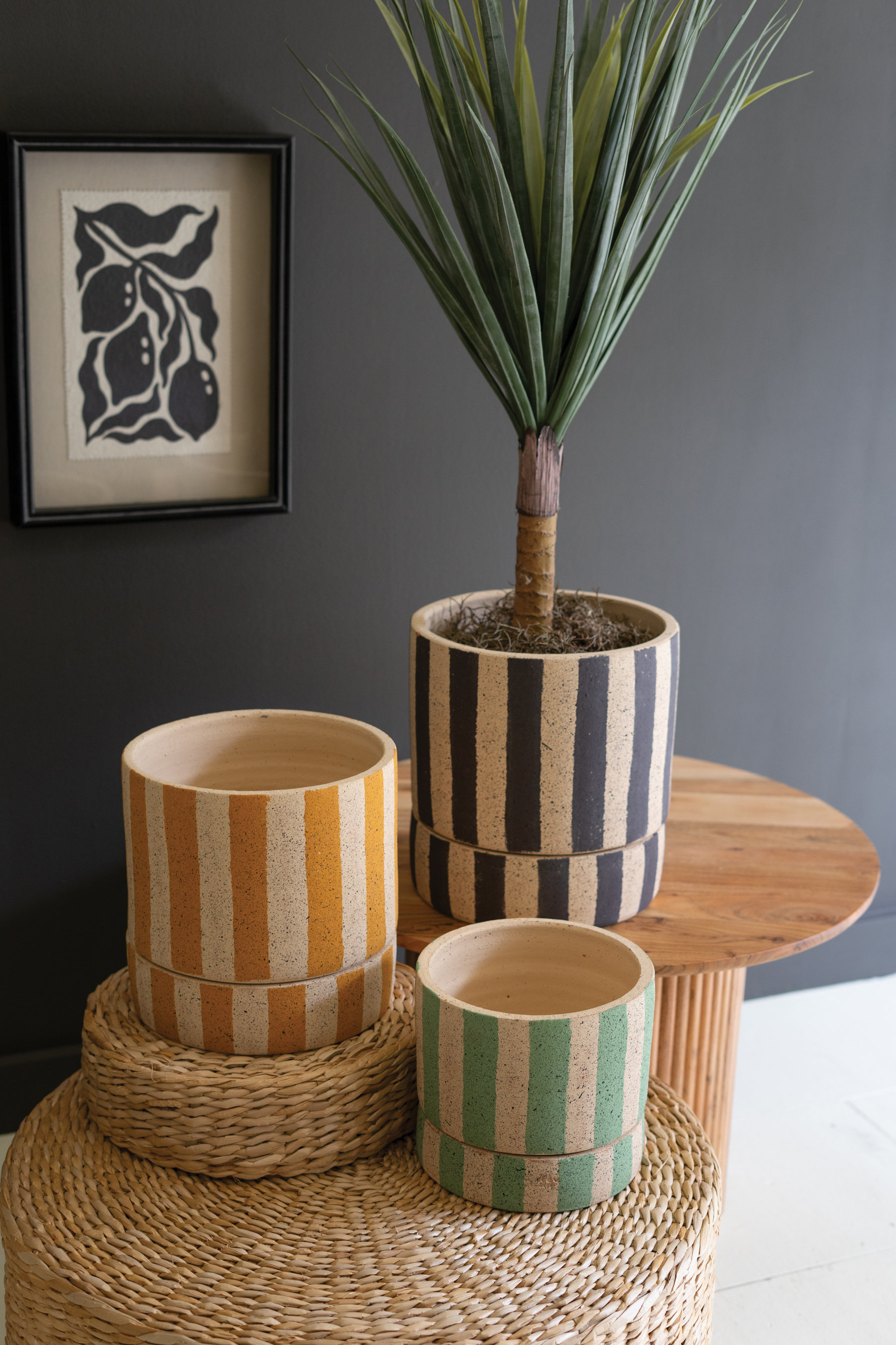 Beachcrest Home™ SET OF THREE CLAY PLANTERS WITH STRIPED DETAILS ...
