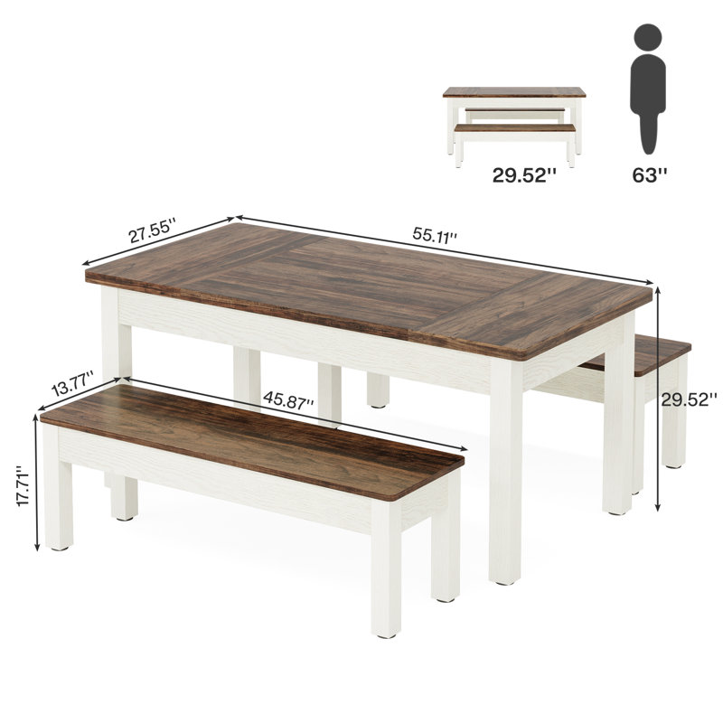 Ebern Designs 3 Piece Farmhouse Wood Dining Table Set With 2 Benches ...