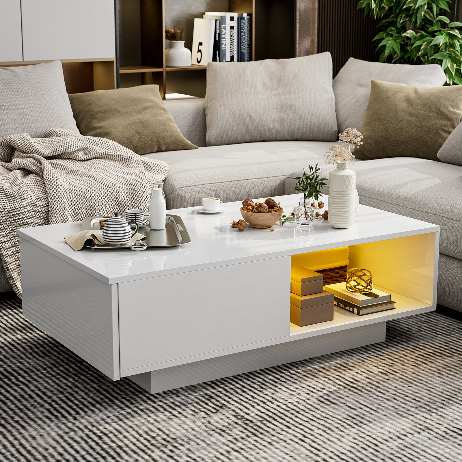Ivy Bronx Ajhani Modern LED Coffee Table with a Drawer, High Gloss with ...