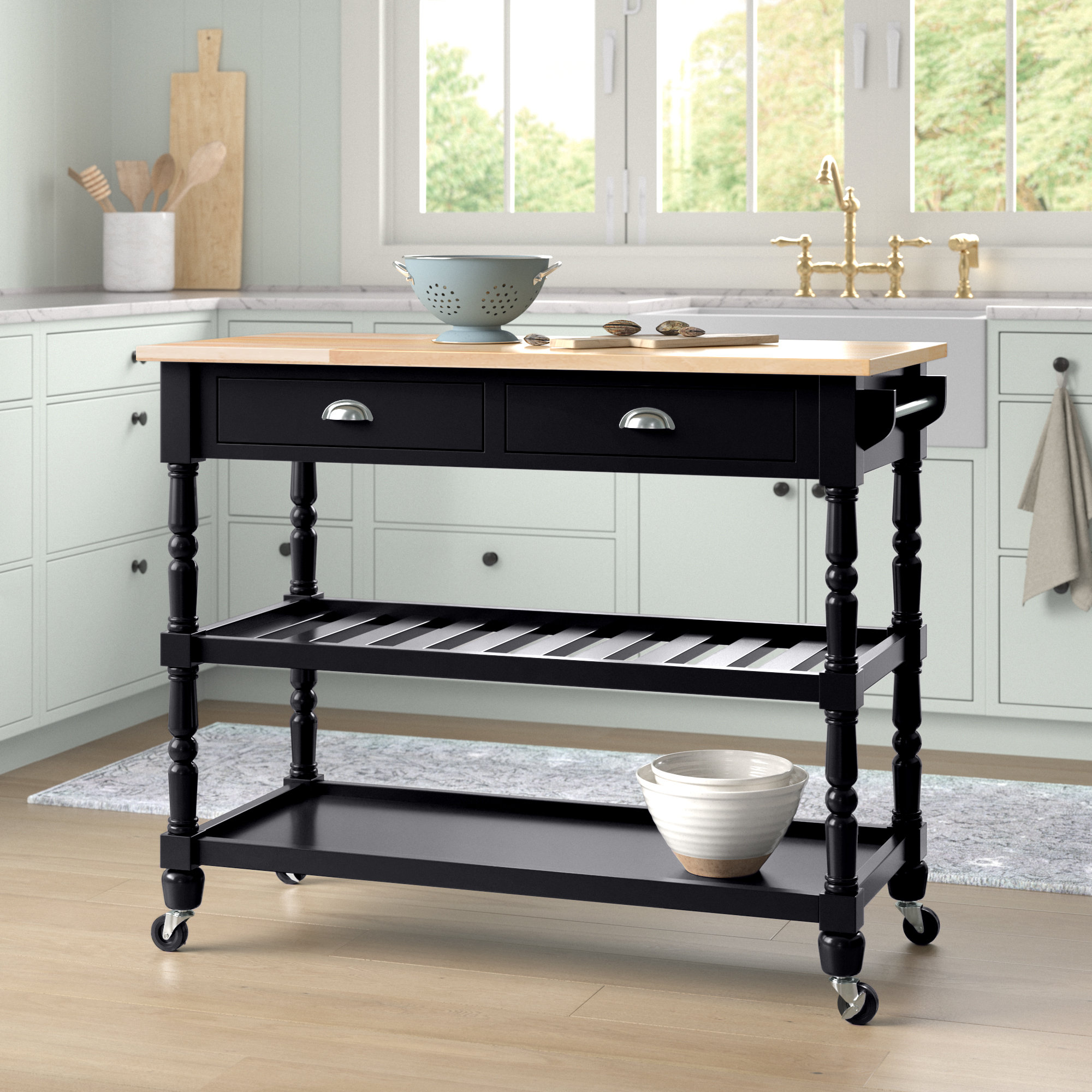 Alcott Hill Celia 45" Kitchen Cart with Butcher Block Top and Locking ...