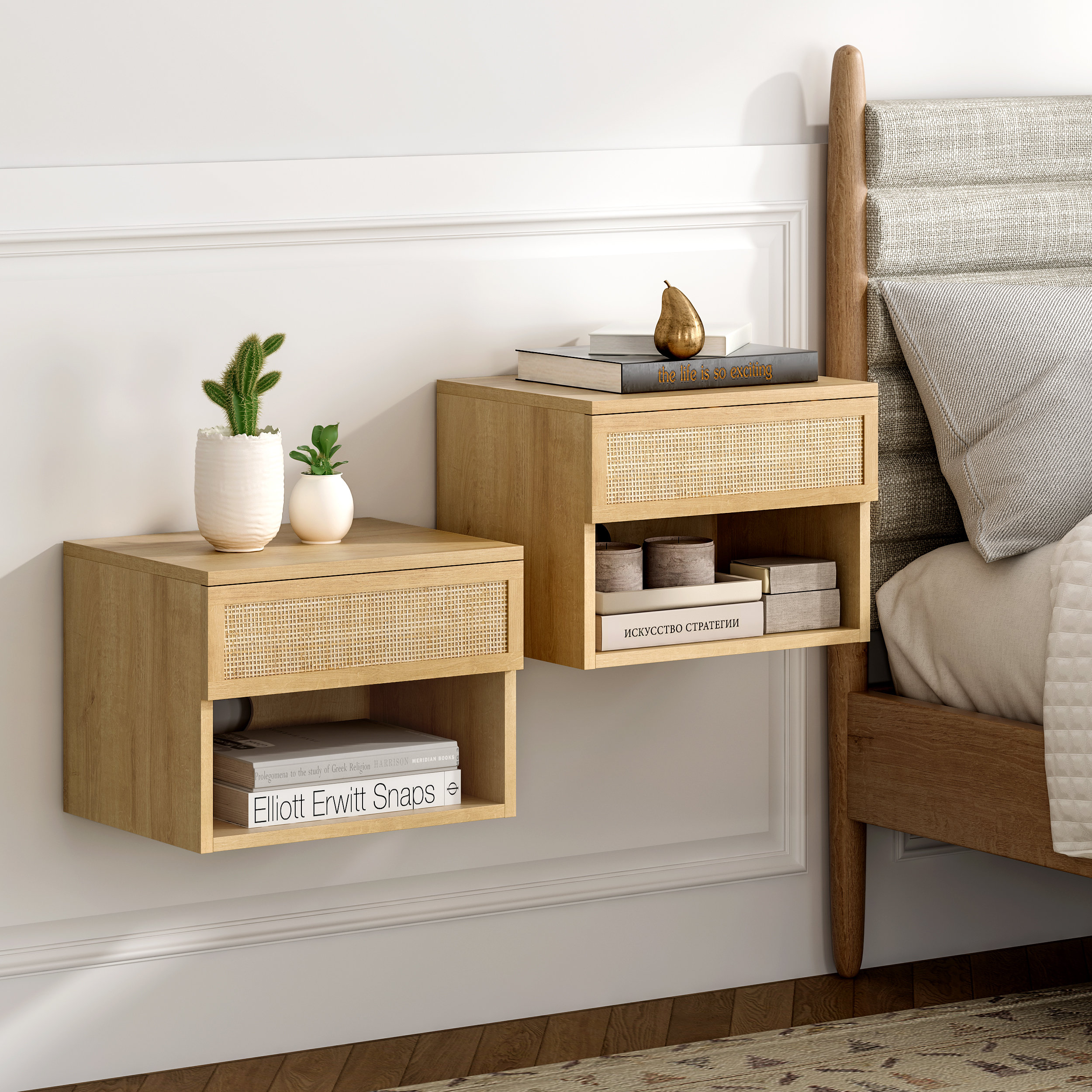 Bay Isle Home™ Rattan Floating Wall-Mounted Nightstand With Open ...