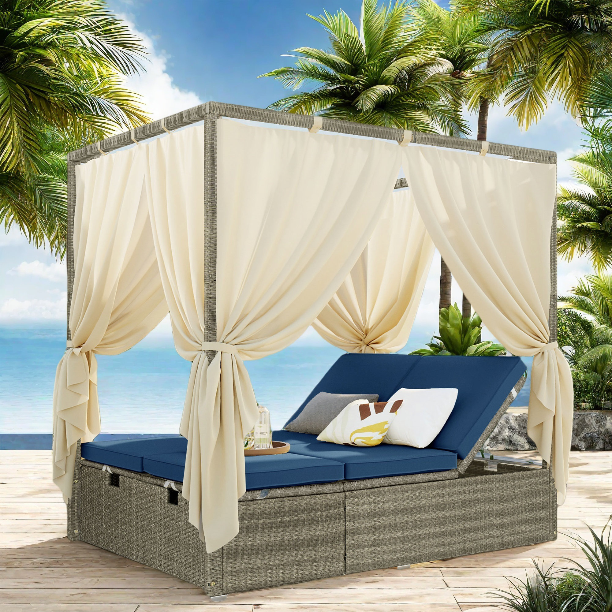 Latitude Run® Outdoor Sun Bed With Curtain And Adjustable Backrest ...